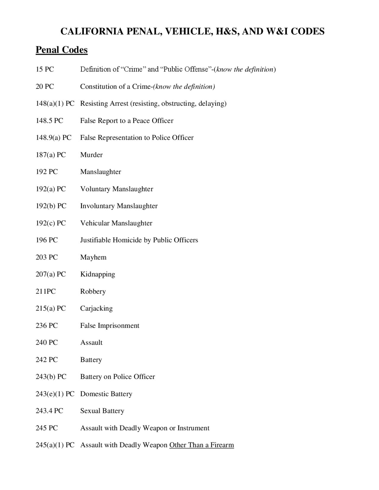 California Penal And Vehicle Codes Cheat Sheet Cheat Sheet Public Law California Penal And Vehicle Codes Cheat Sheet Cheat Sheet Public Law