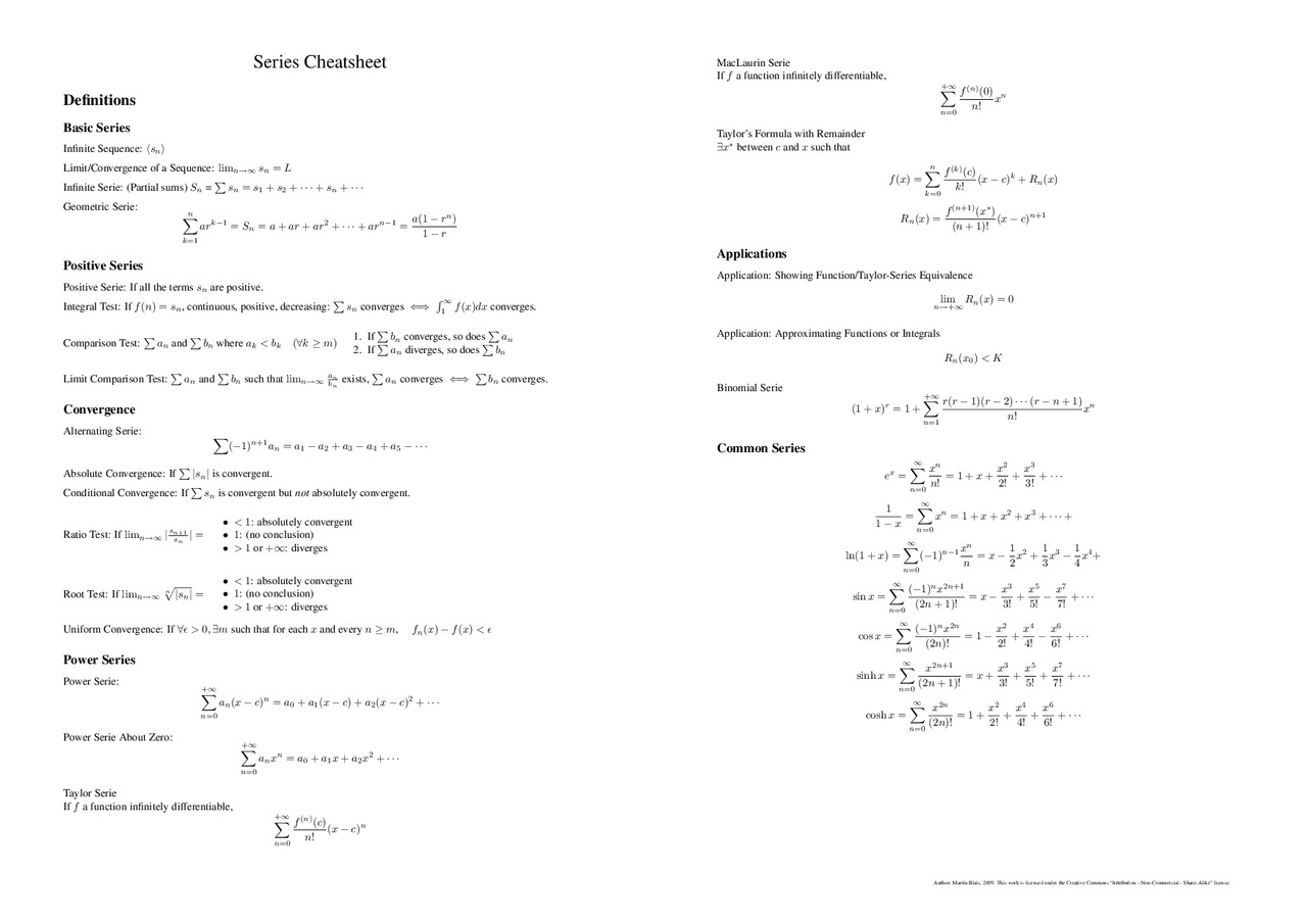 Convergence Test Series Cheat Sheet | Cheat Sheet Calculus | Docsity