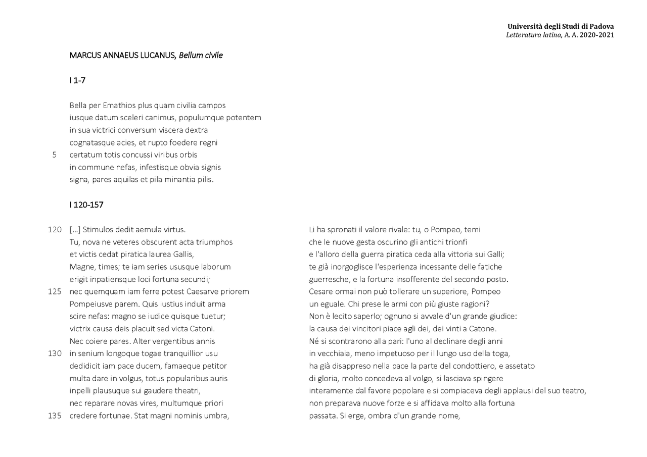 Lucano De Bellum Civile Docsity