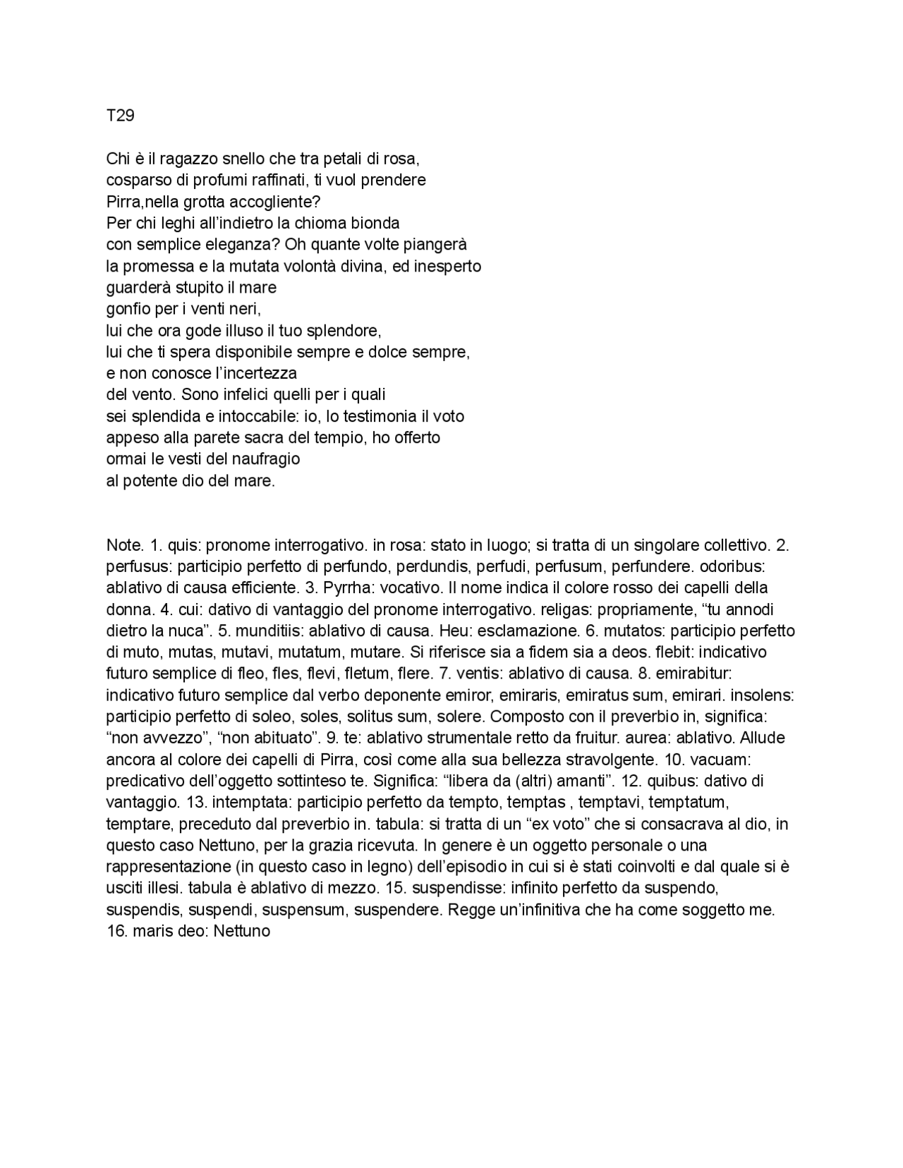ODI ORAZIO "Ode a Cloe" e "Ode a Pirra" analisi e traduzione - Docsity