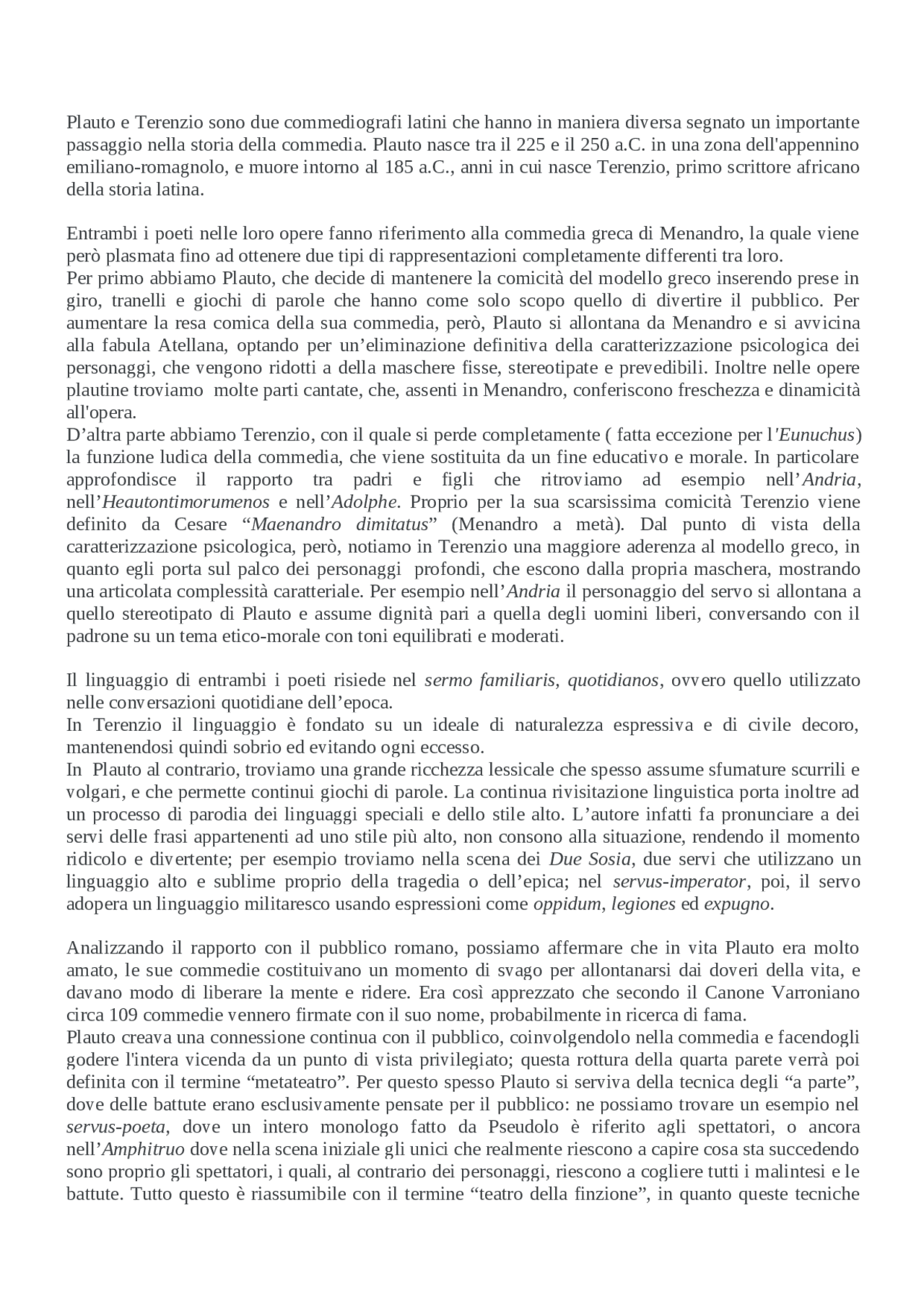 Plauto E Terenzio A Confronto Docsity