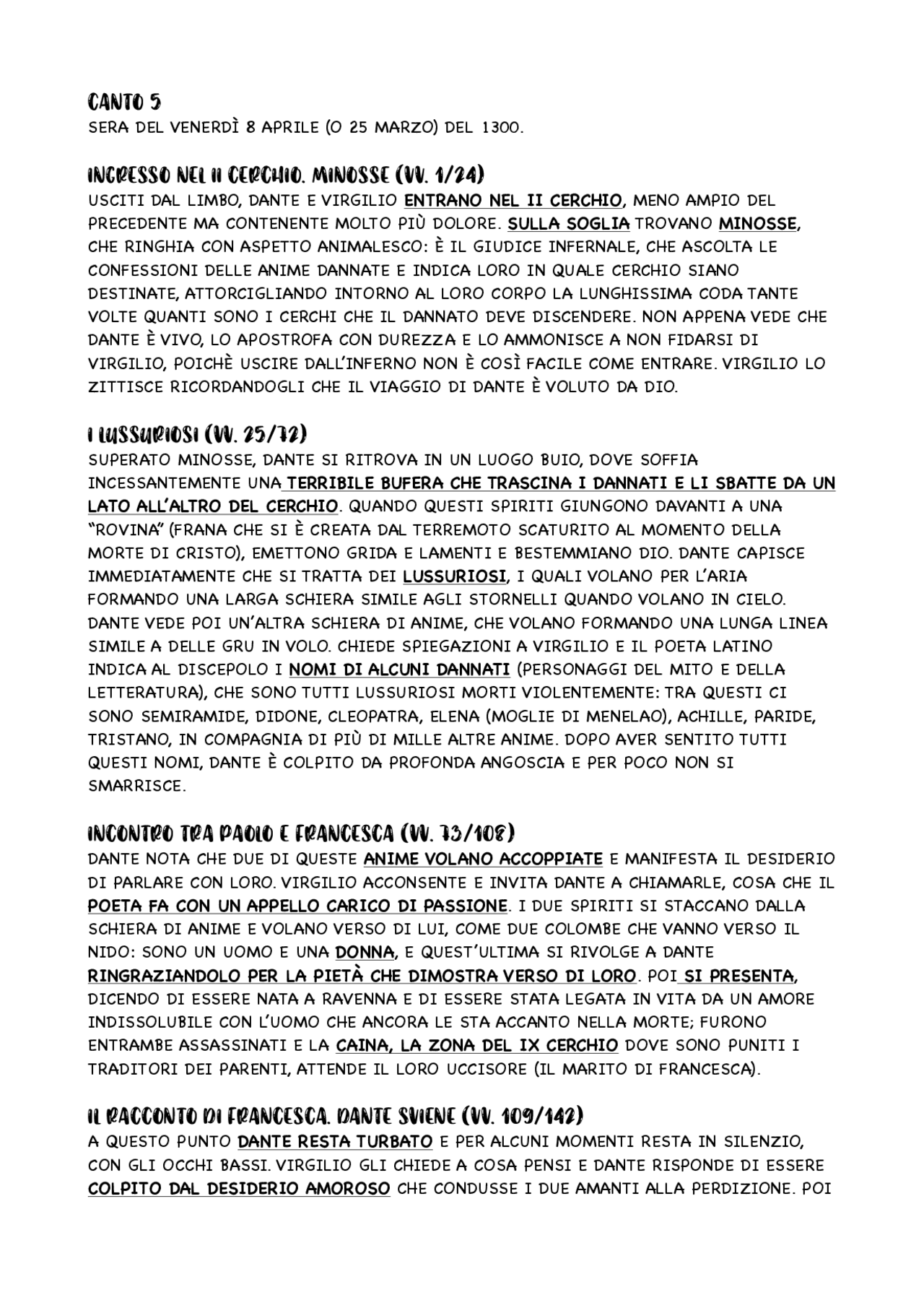 Riassunto e temi canto 5 inferno - Docsity