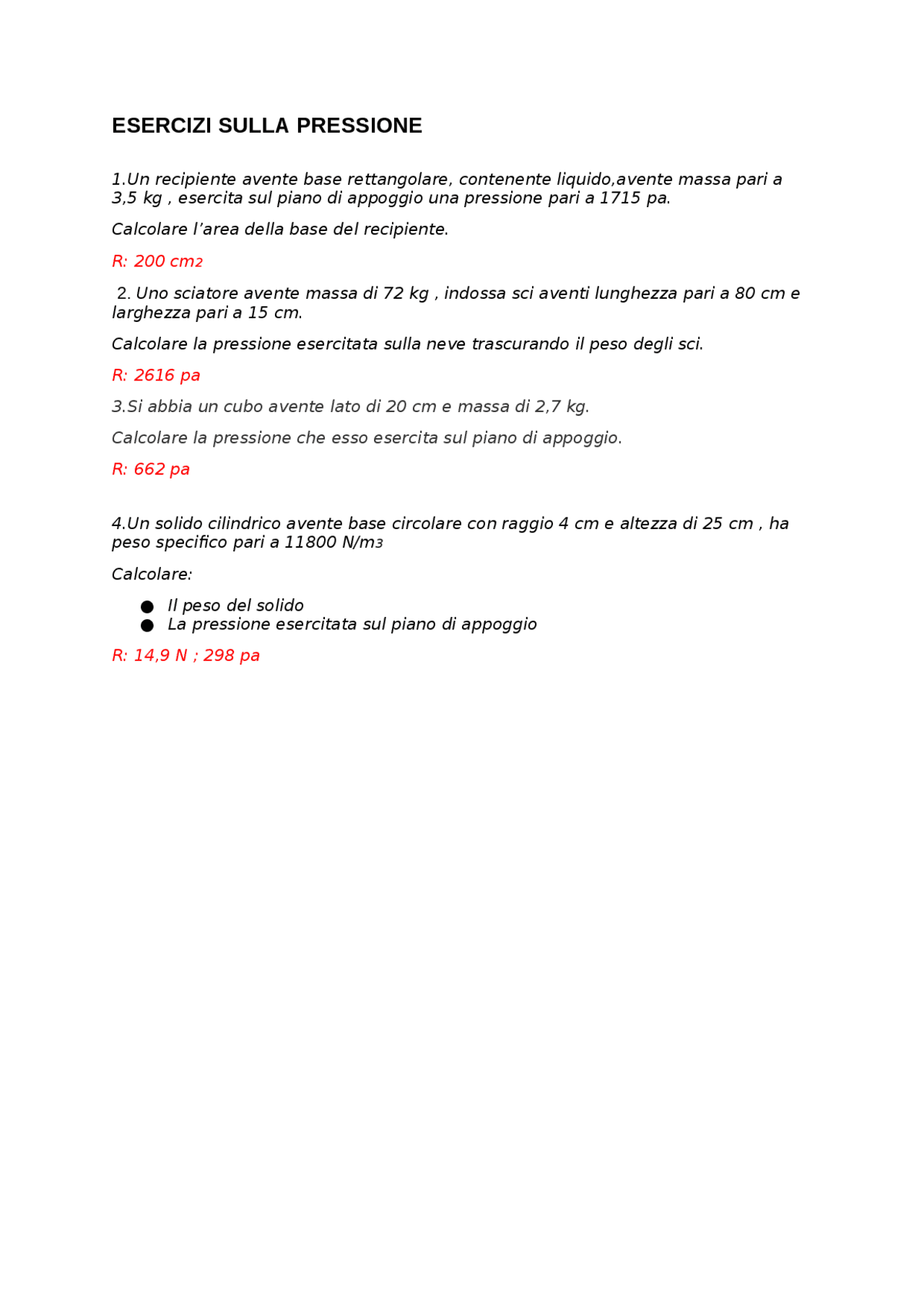 ESERCIZI SULLA PRESSIONE - Docsity