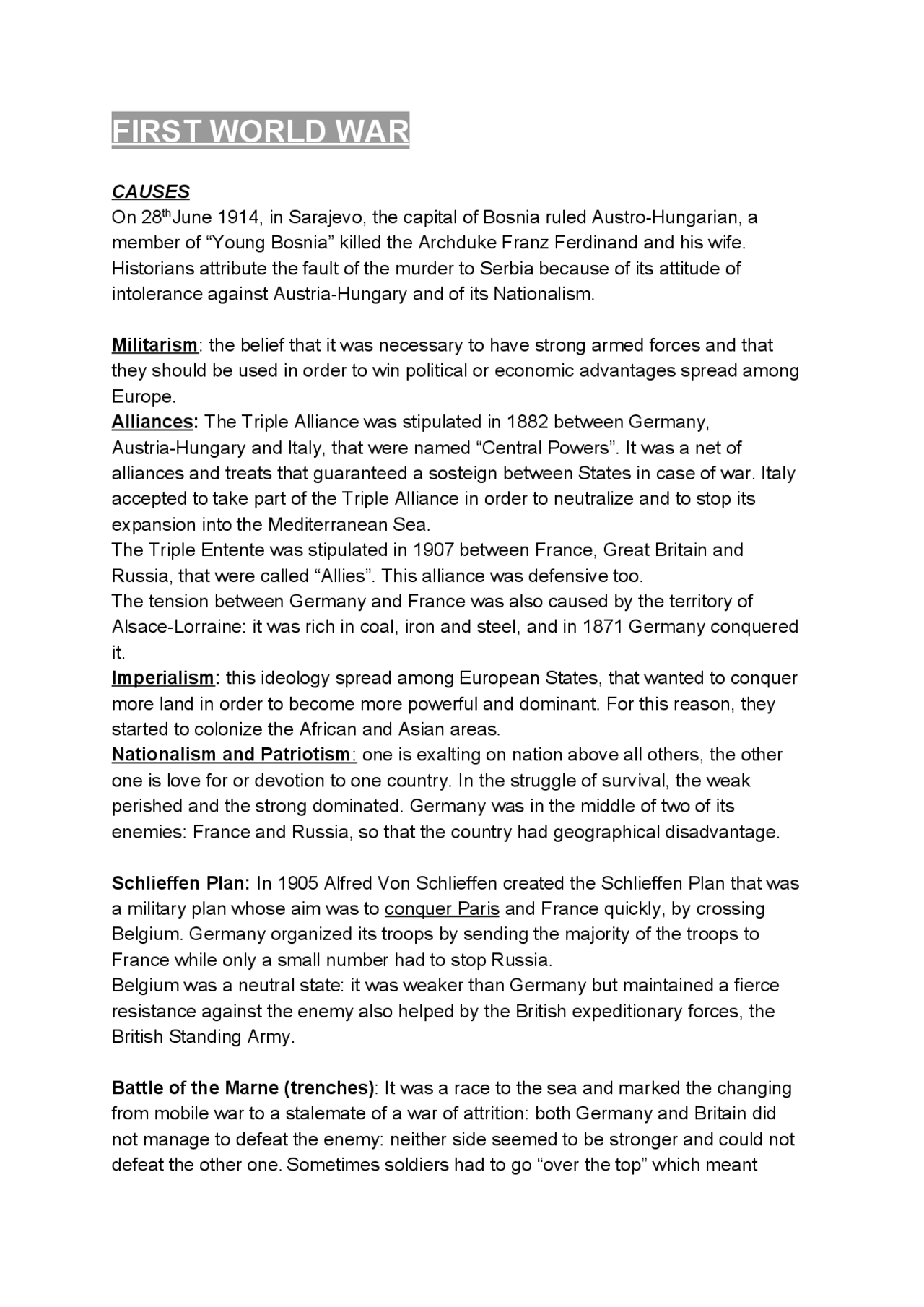 First World War - Summary - Docsity
