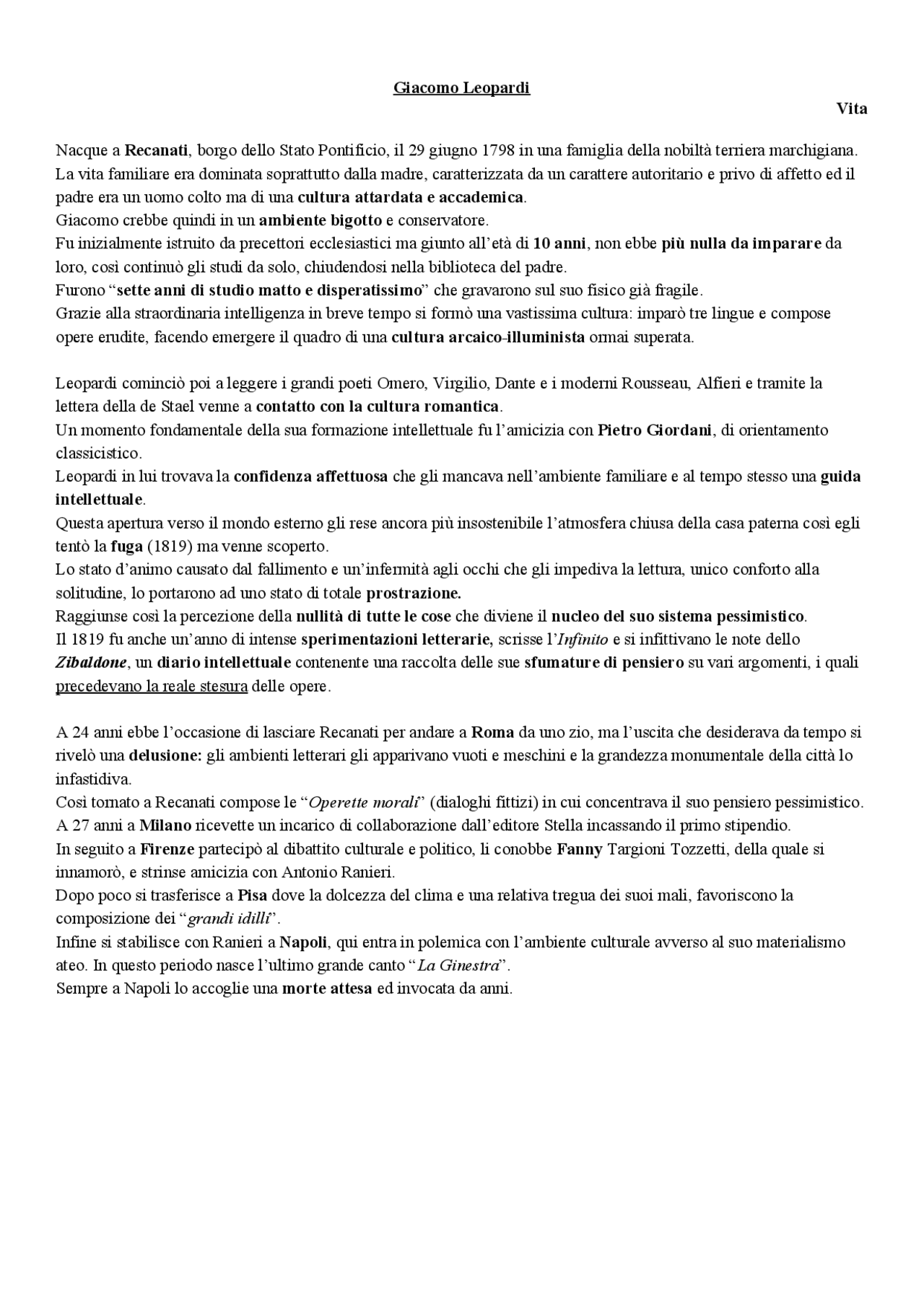 Giacomo Leopardi biografia - Docsity