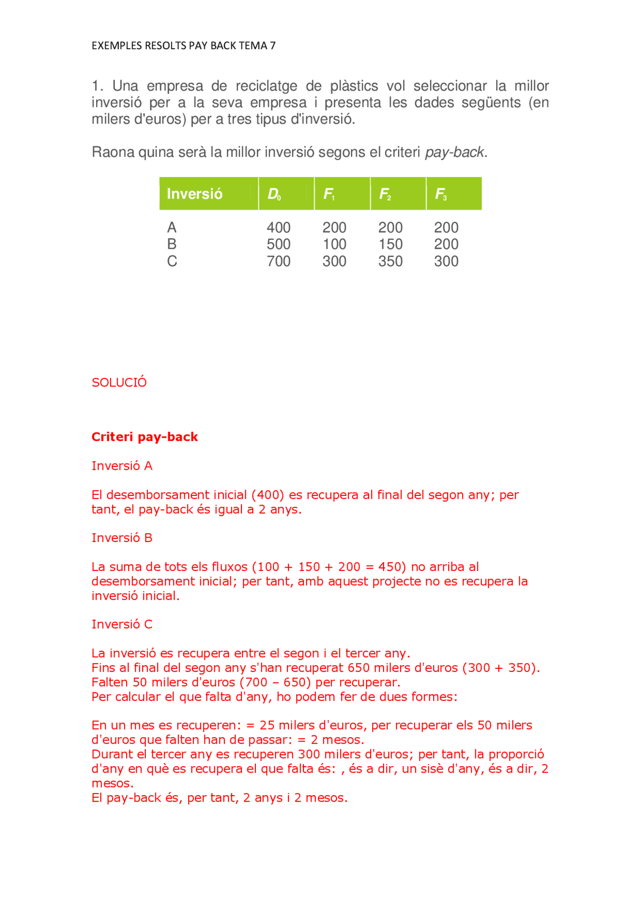 Ejercicios payback resultos | Ejercicios de Economía de la Empresa | Docsity