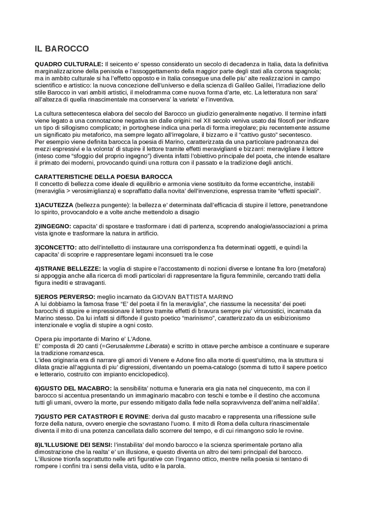 Barocco e illuminismo (+ goldoni e parini) - Docsity