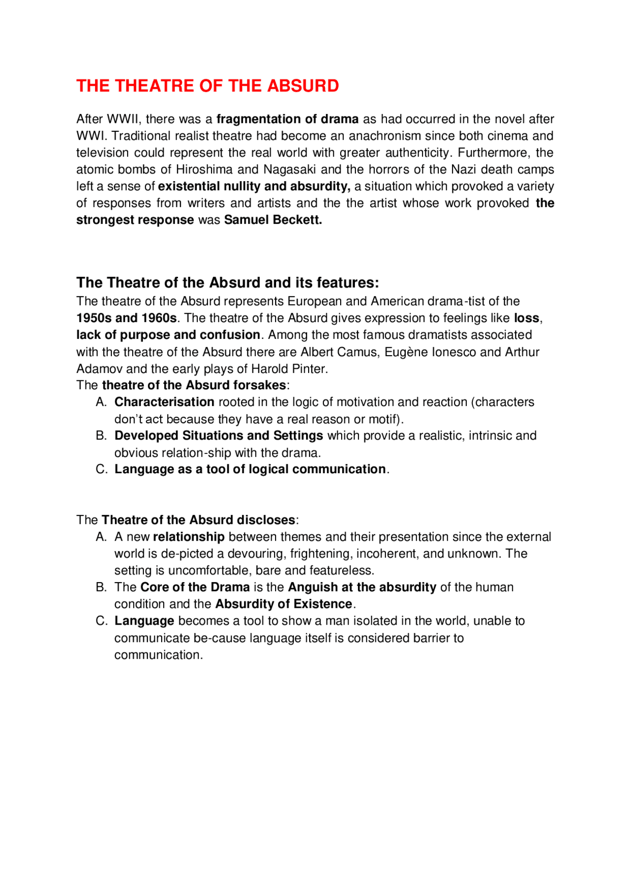 The Theatre of the Absurd - Samuel Beckett - Waiting for Godot - Docsity