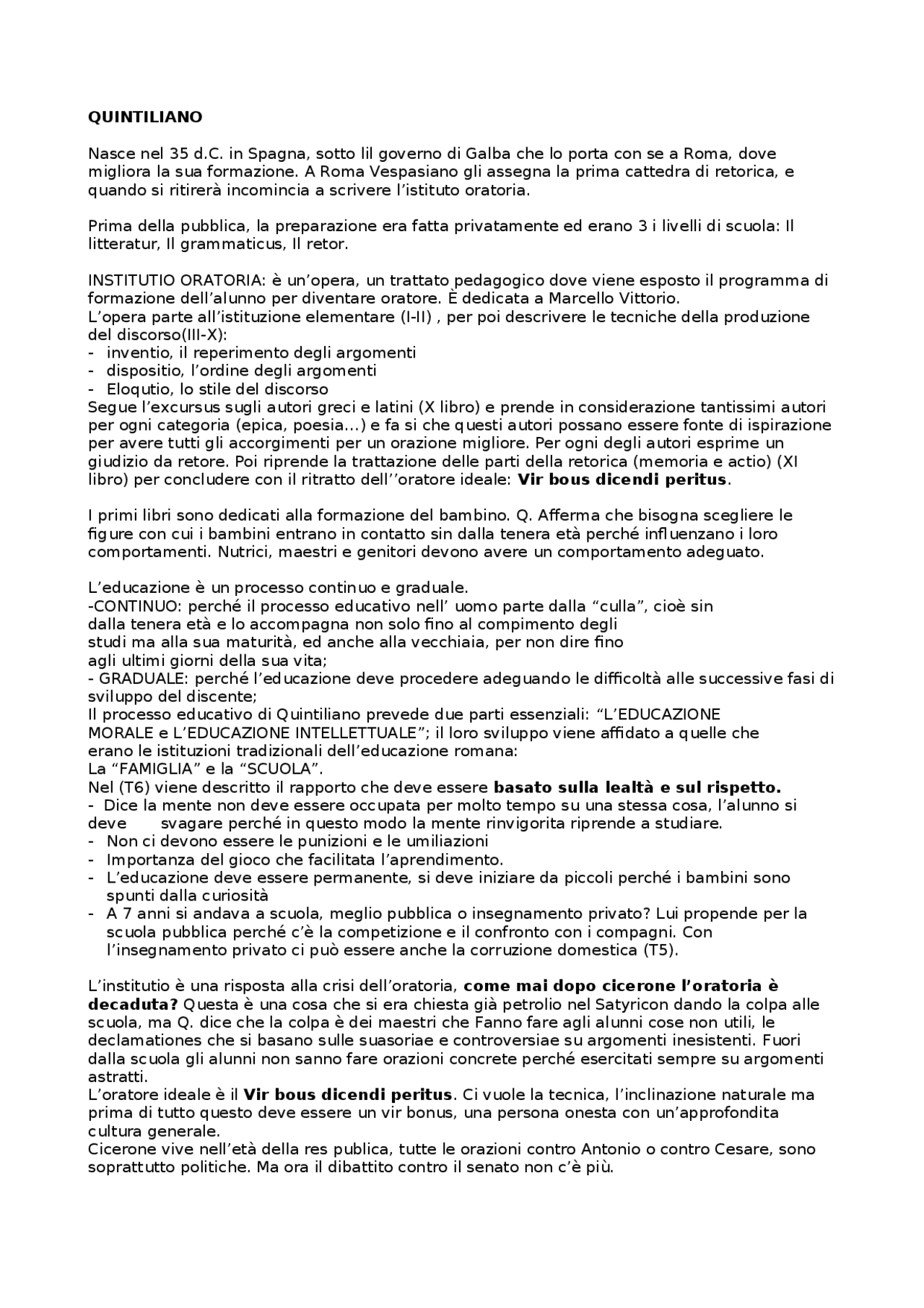 Quintiliano Vita Opere E Pensieri Docsity