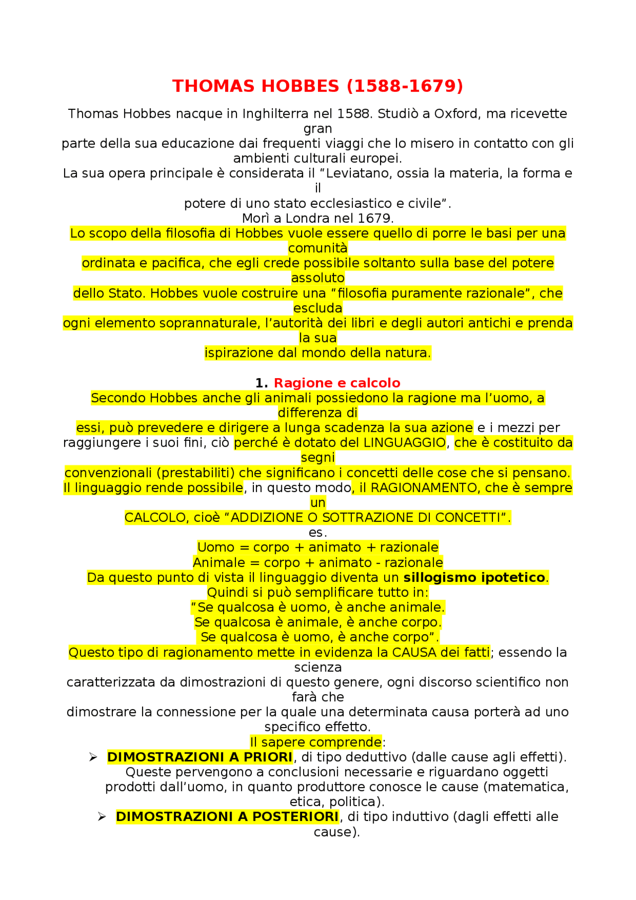 Thomas Hobbes Riassunto Filosofia Docsity
