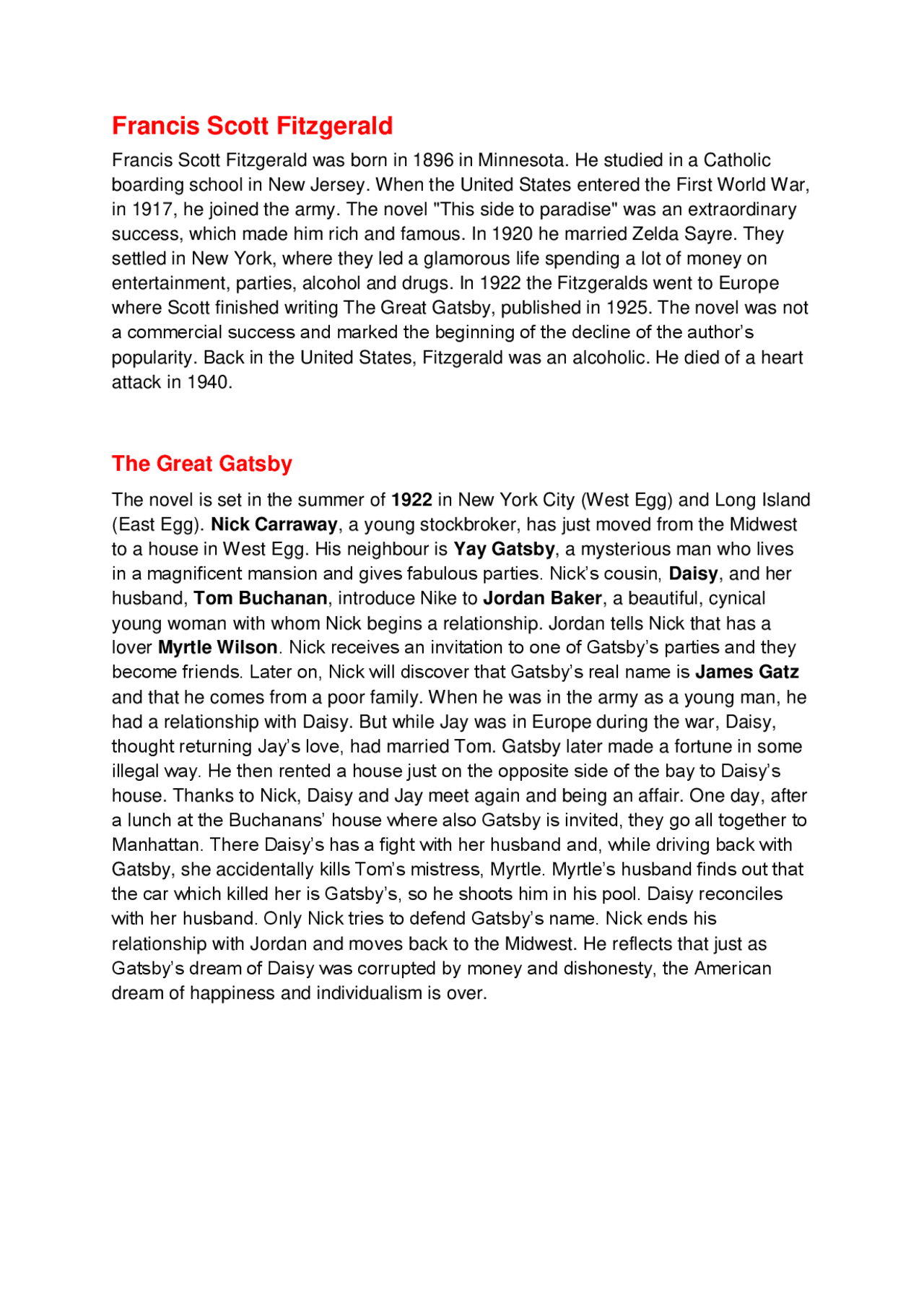 The Great Gatsby Francis Scott Fitzgerald Docsity