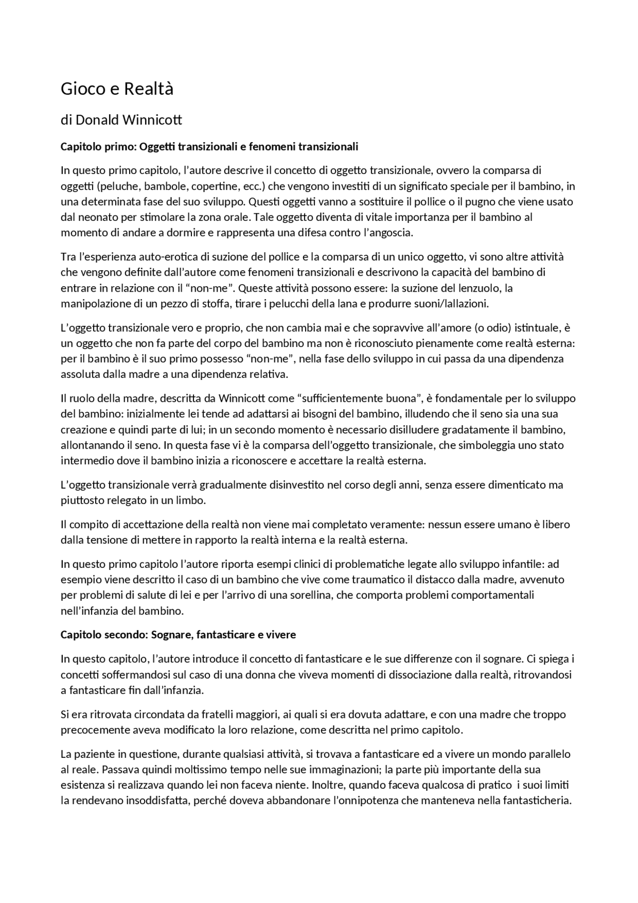 Gioco E Realtà Di D Winnicott Docsity