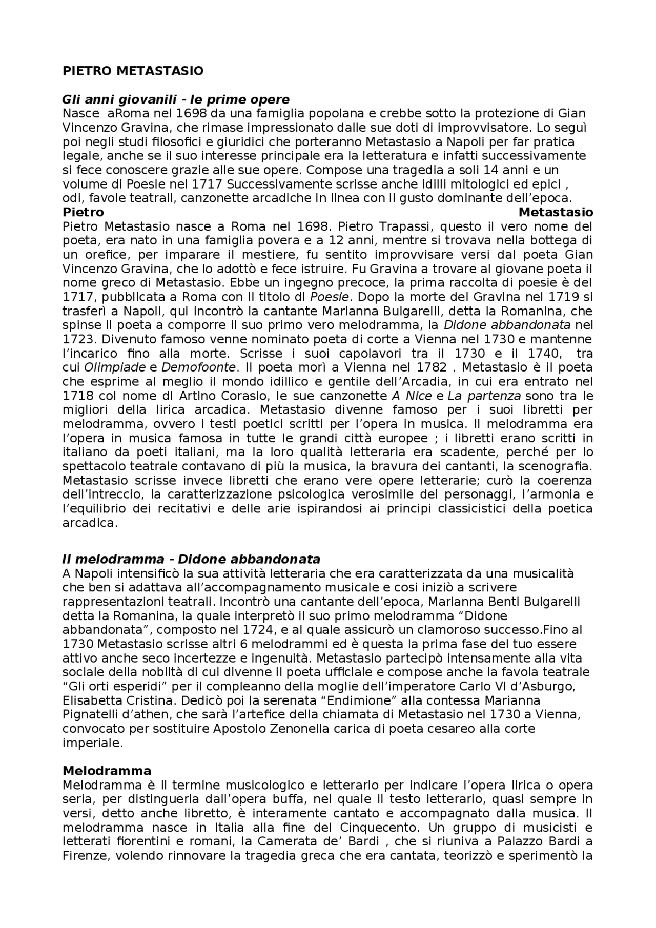 Metastasio Liceo Classico Sintesi Docsity