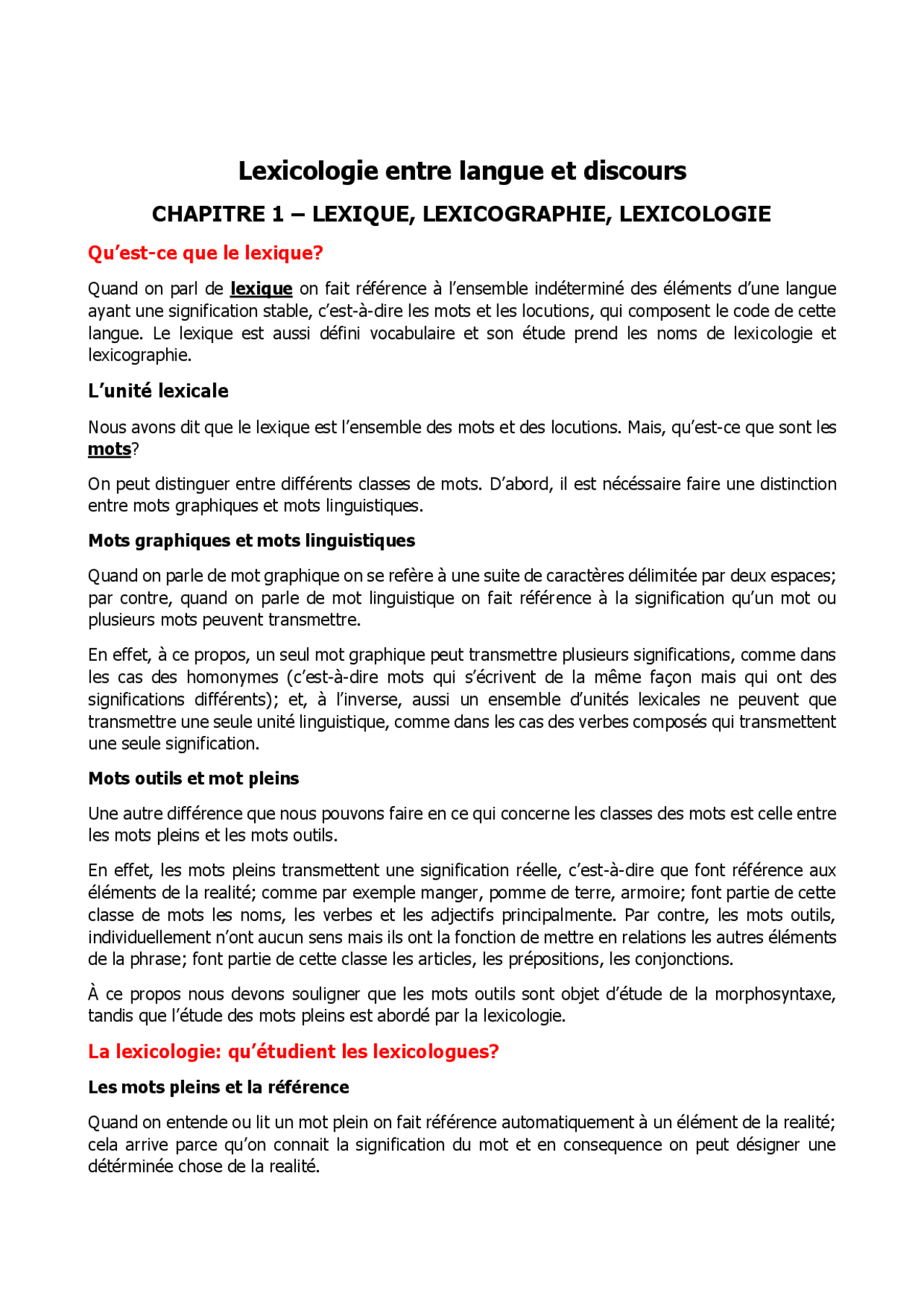 Lexicologie Entre Langue Et Discours Docsity