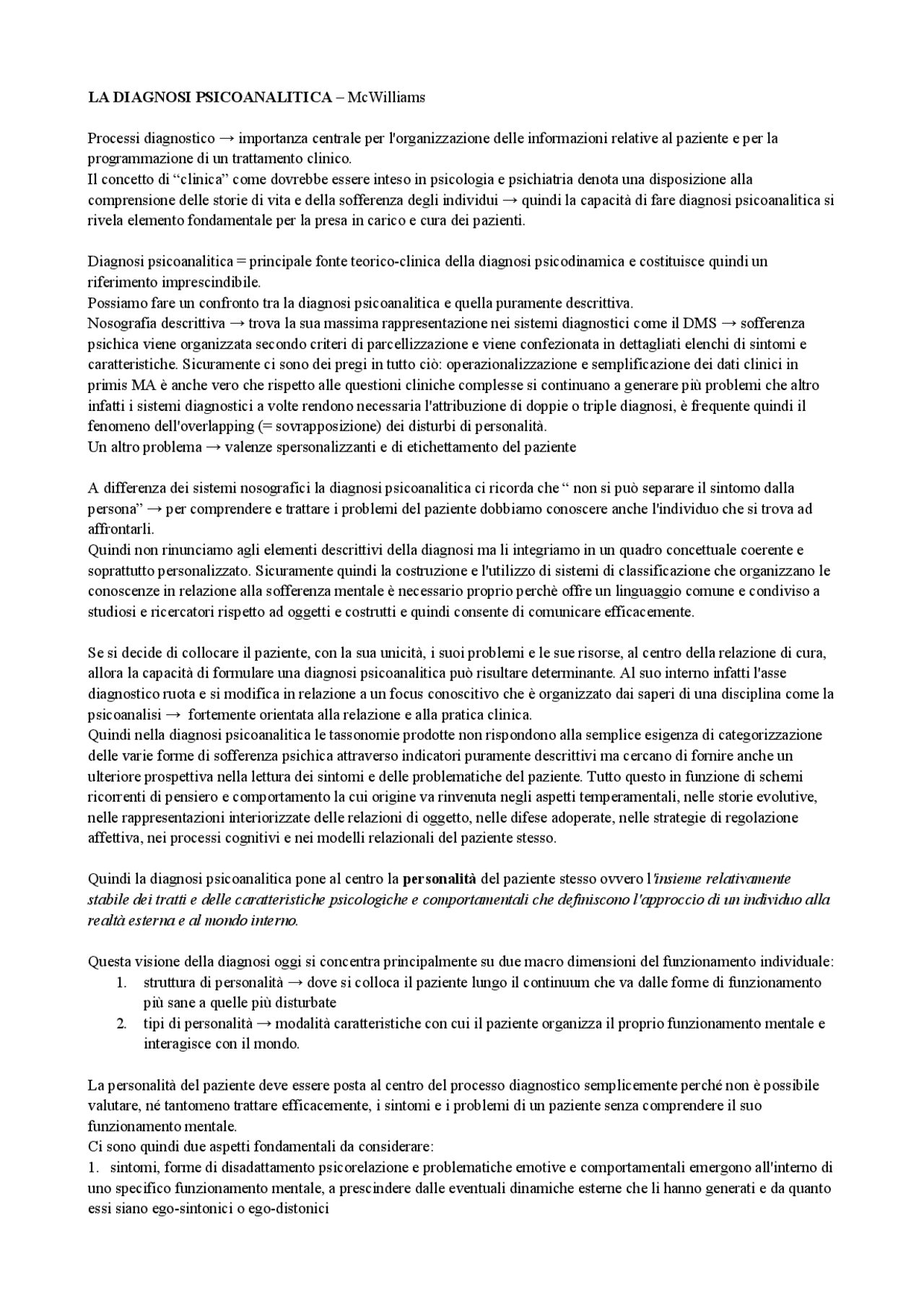 La Diagnosi Psicoanalitica Di Nancy Mcwilliams Docsity
