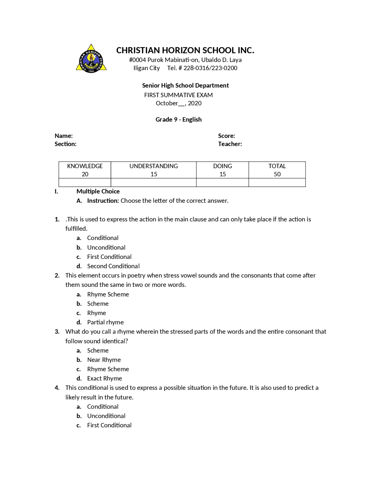 Grade 9 - Achievement Exam - Docsity