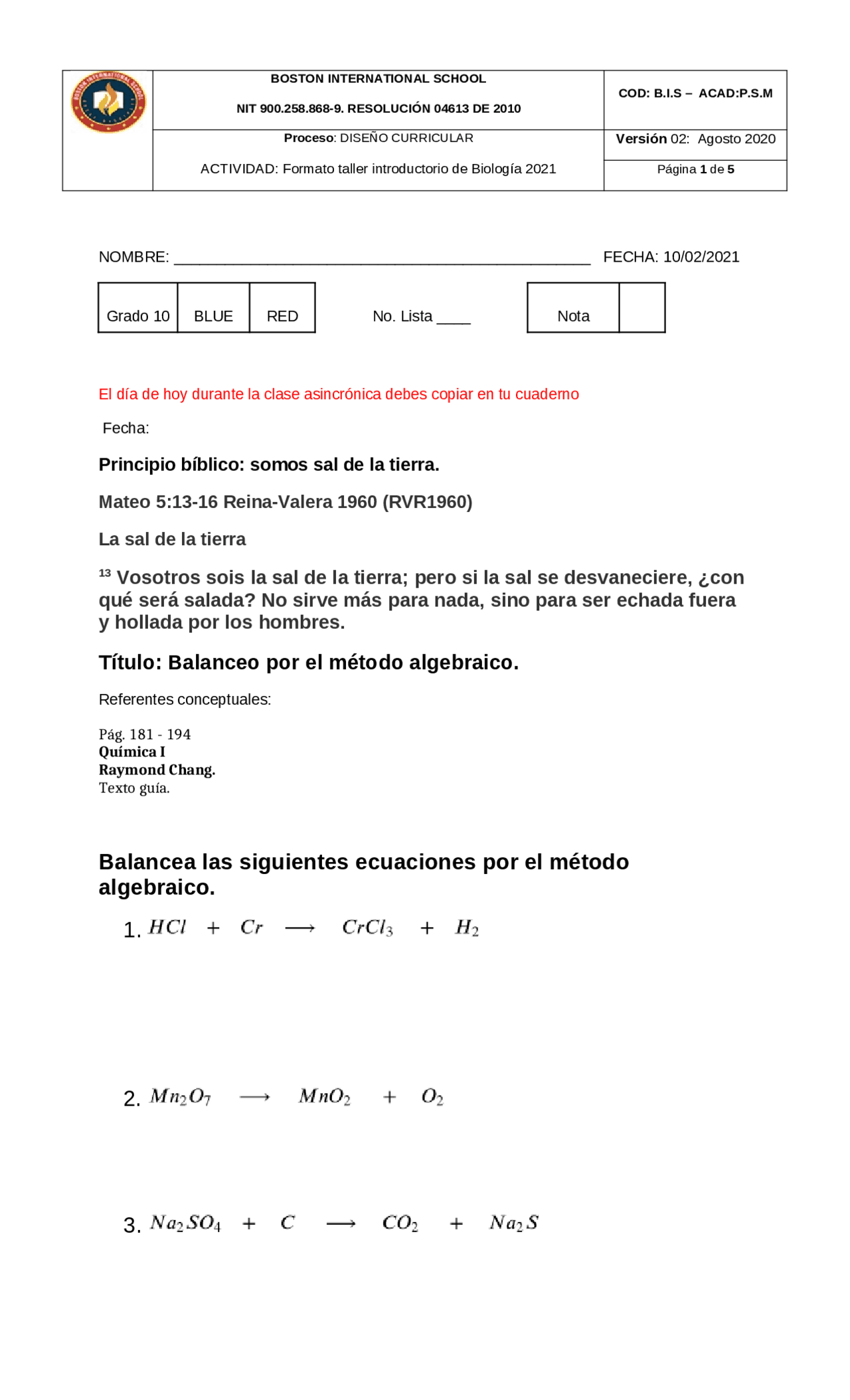 Balanceo de ecuaciones quimica - Docsity