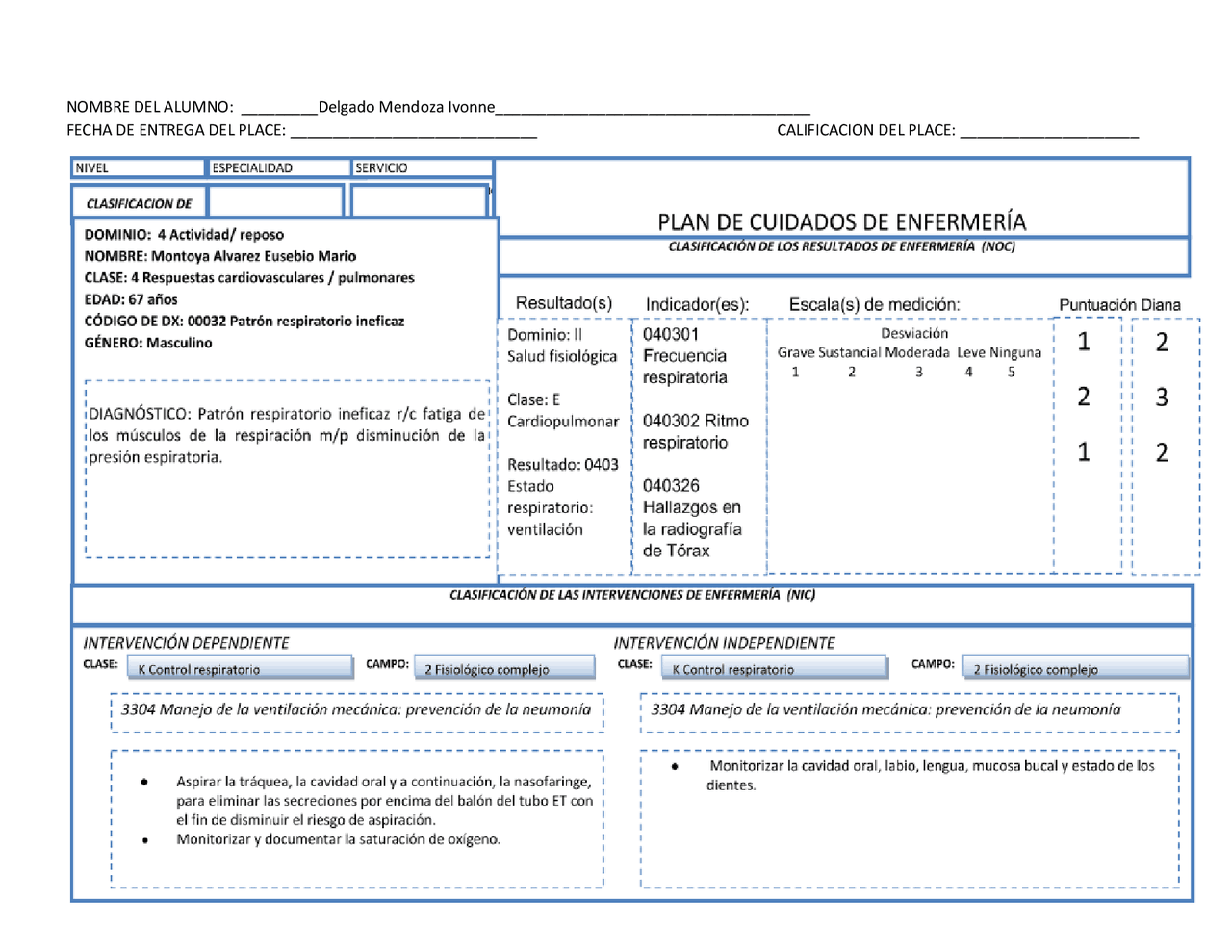 Ejemplo de Plan de cuidados de enfermería - Docsity