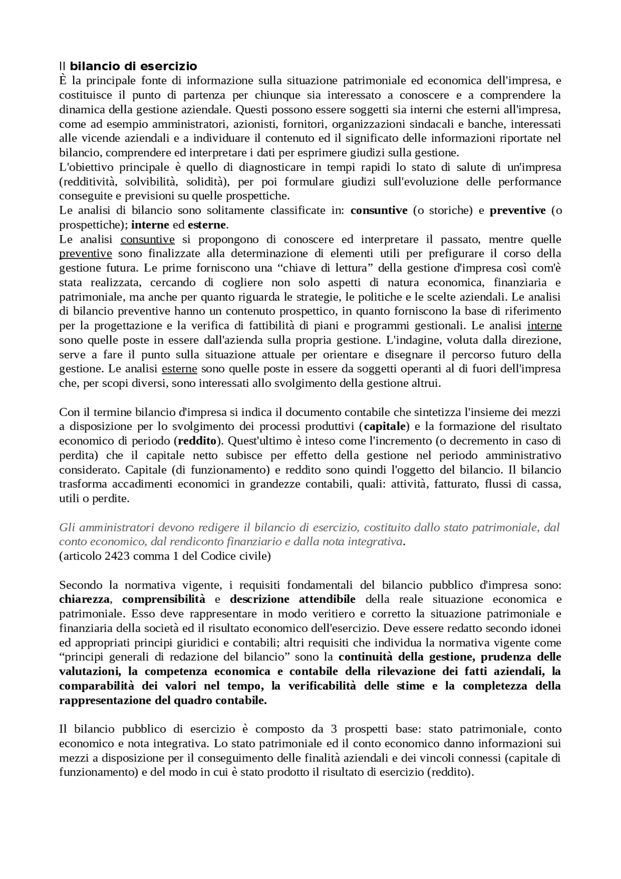 Il Bilancio Di Esercizio In Breve Docsity