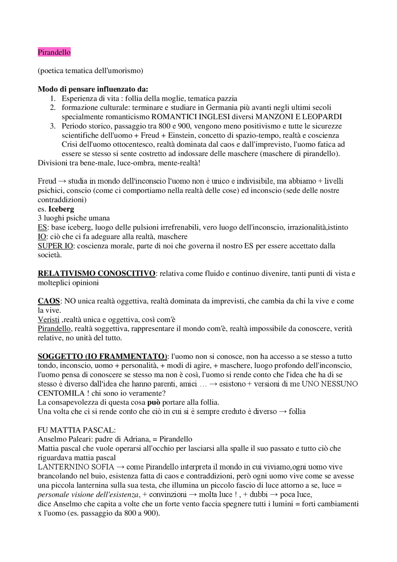 Luigi Pirandello vita e opere - Docsity