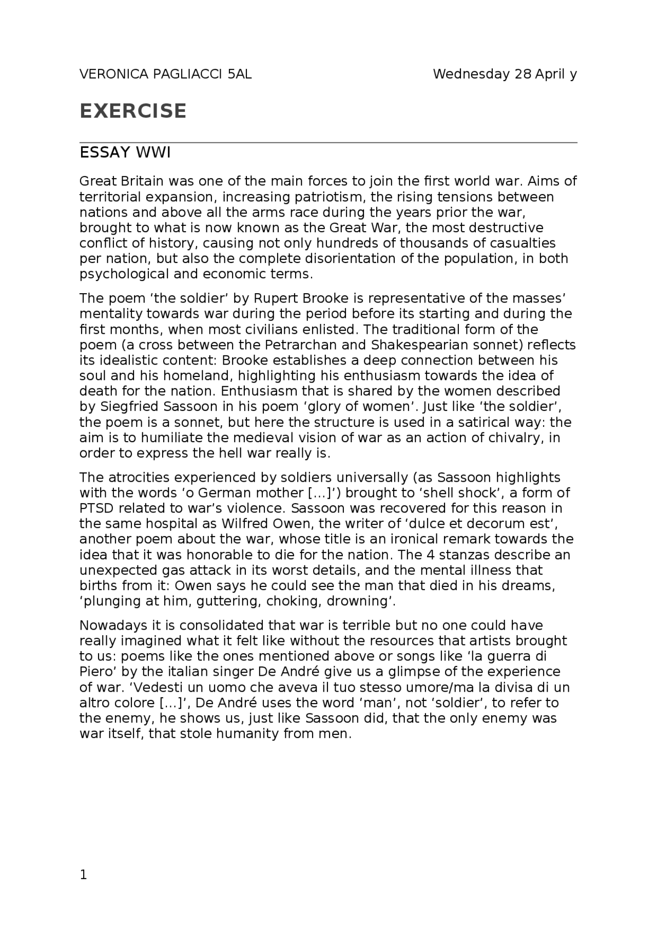Essay on World War I - Docsity