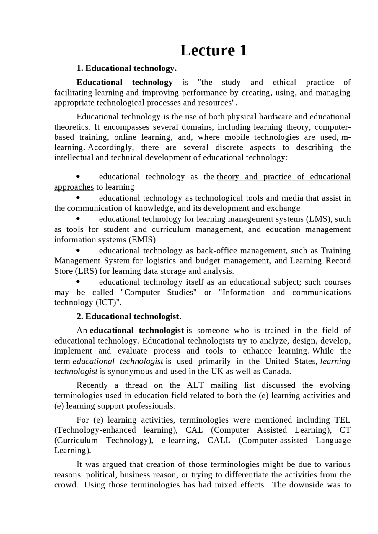 Educational Technology Lecture 1 Main Points Docsity
