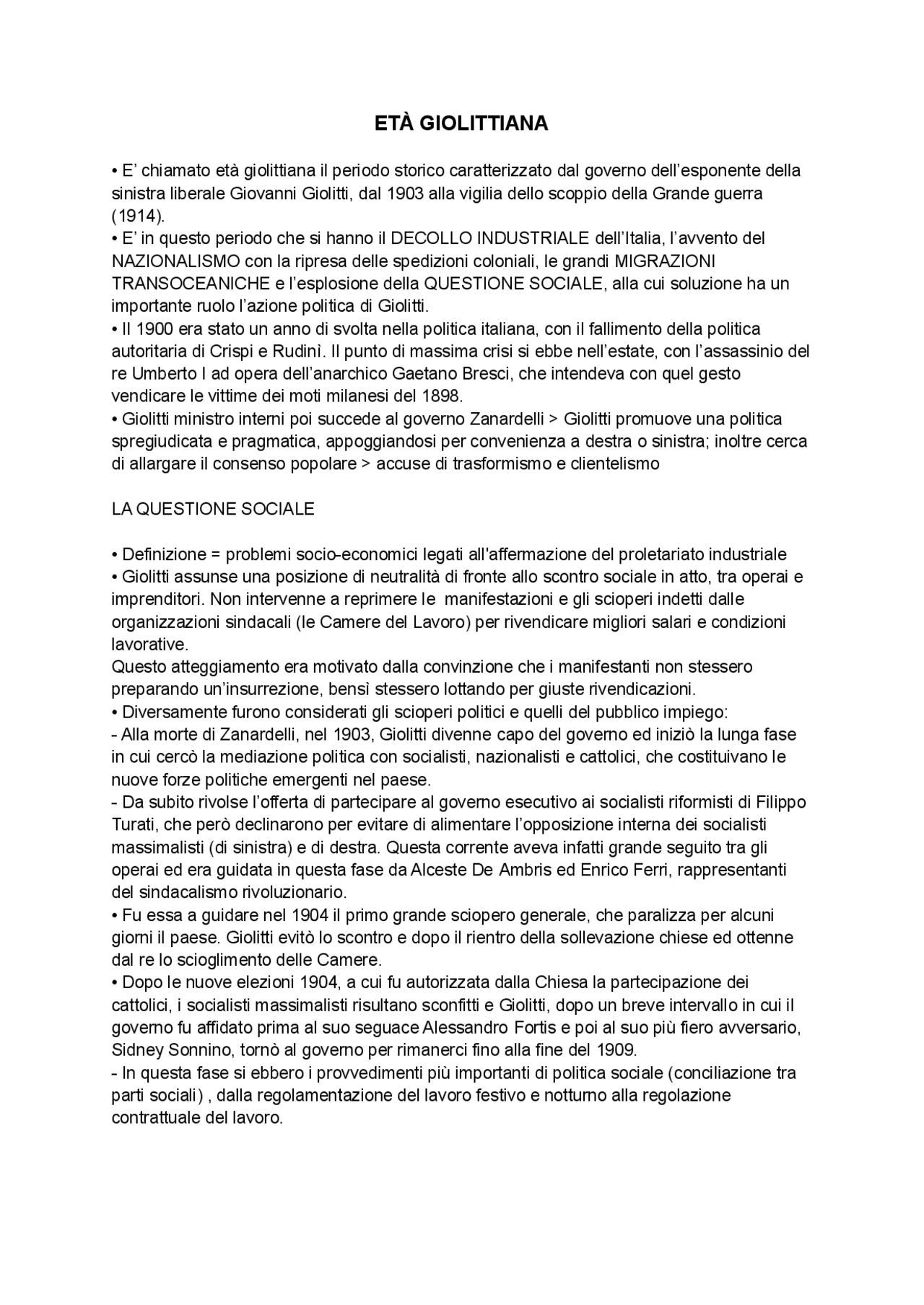 Eta Giolittiana Riassunto Docsity