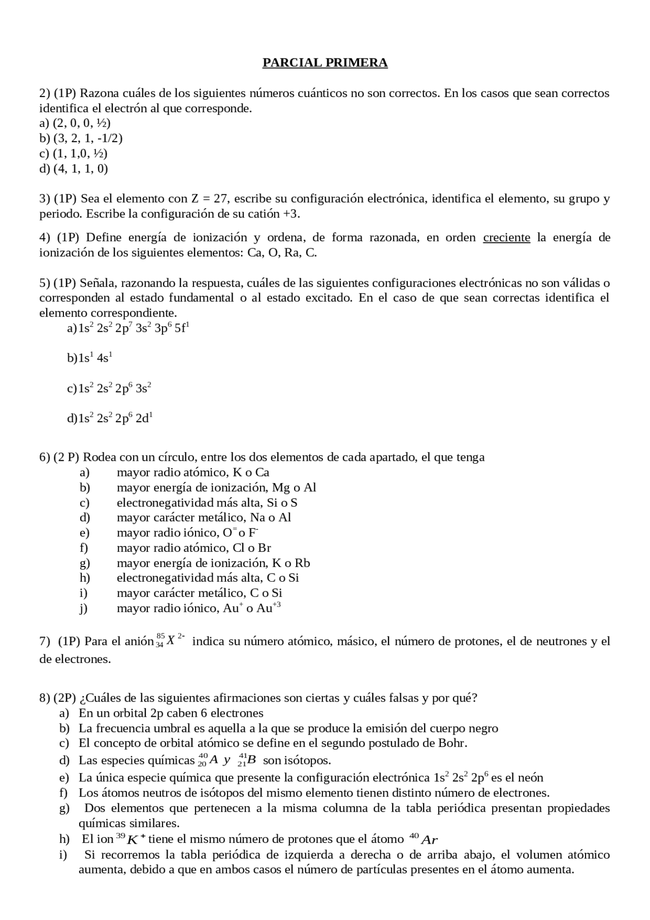 Examen Quimica Segundo Bachiller Docsity