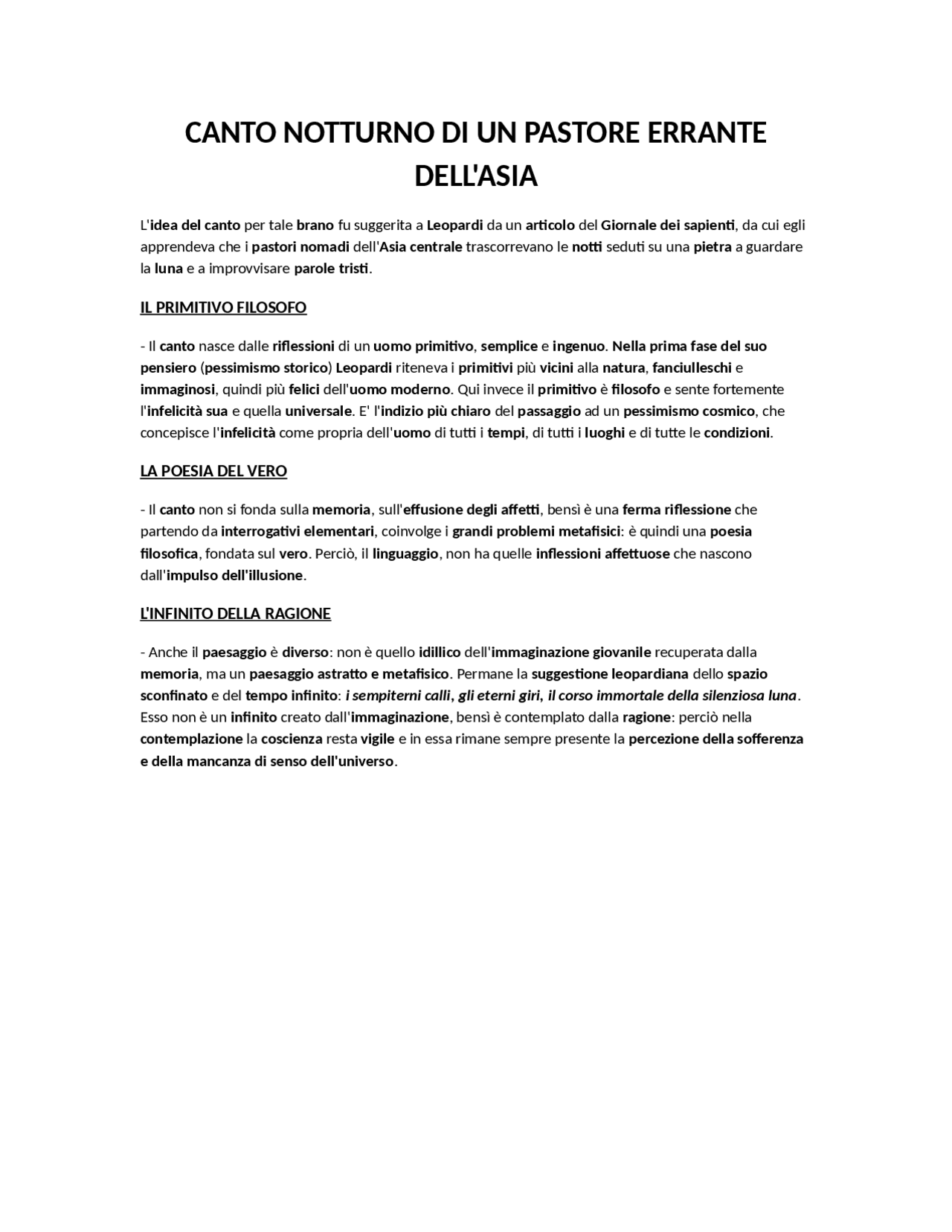 ITALIANO - BRANO DI LEOPARDI: CANTO NOTTURNO DI UN PASTORE ERRANTE DELL'ASIA - Docsity