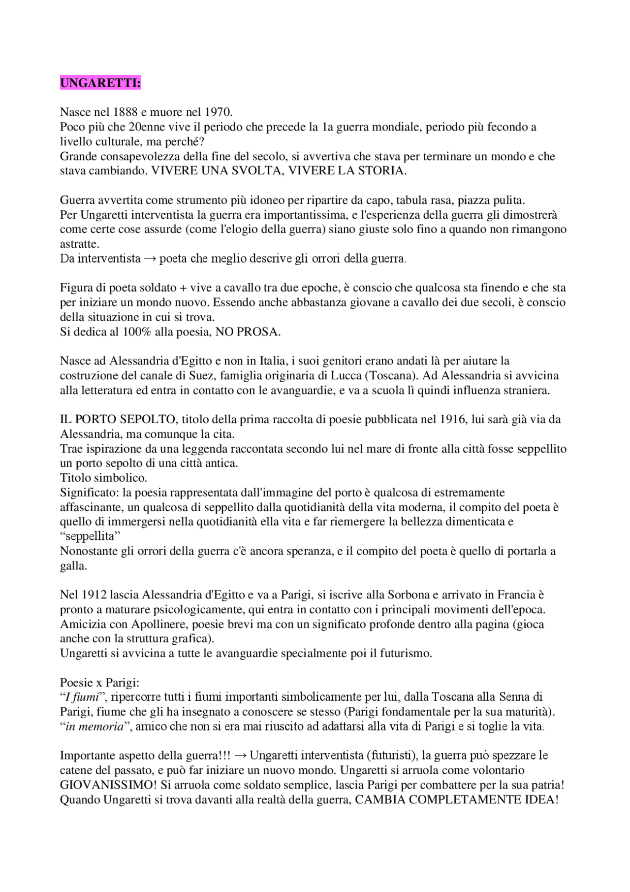 Giuseppe Ungaretti Vita E Opere Docsity