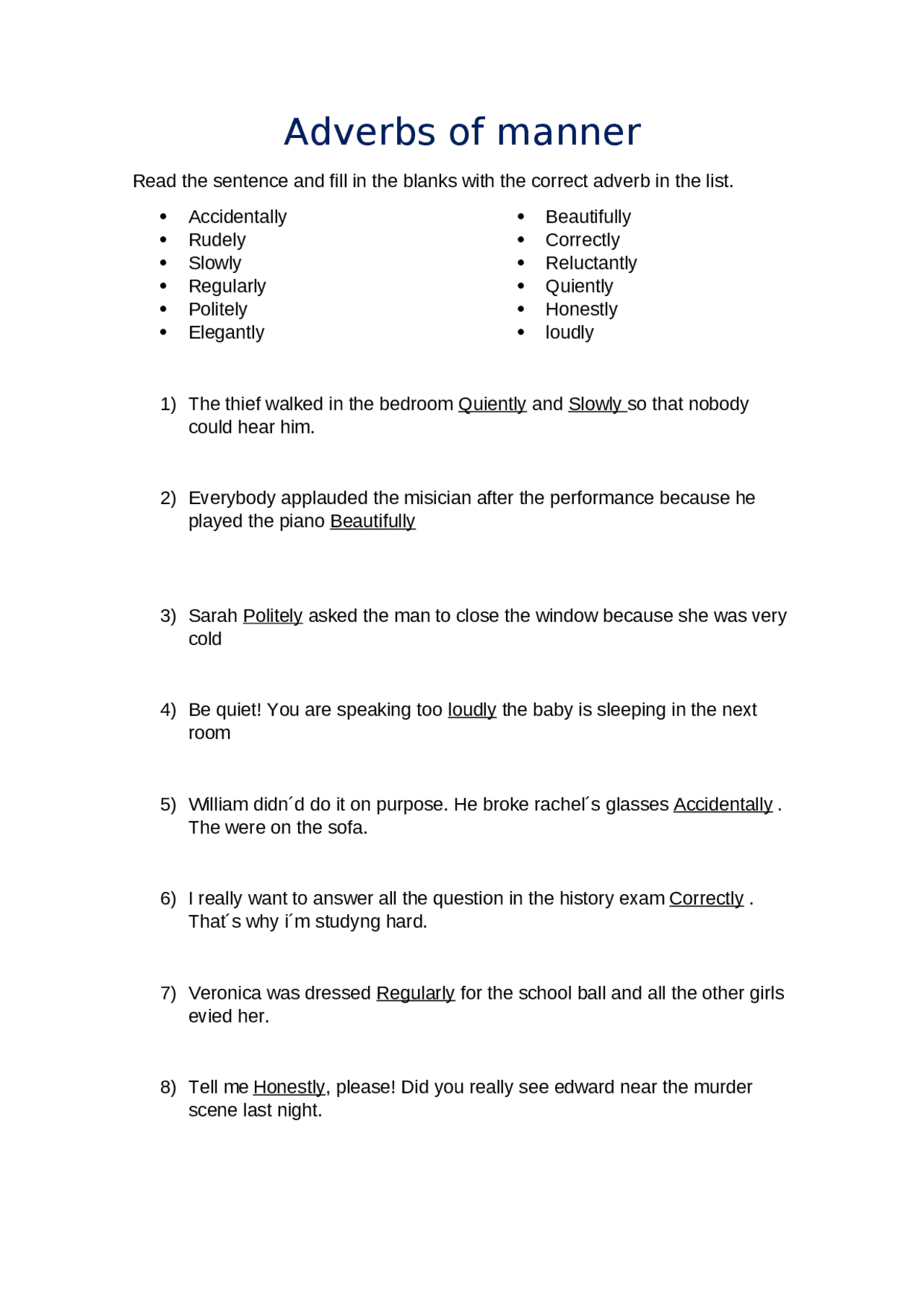 Adverbs of manner, Grammar worksheet, - Docsity