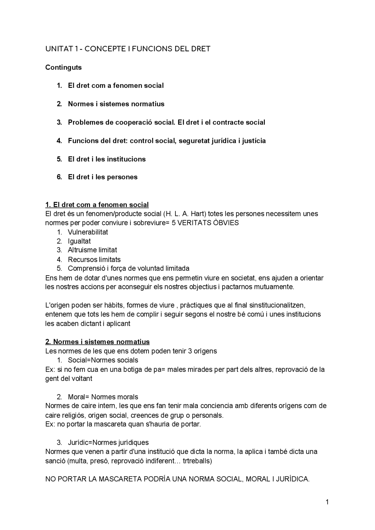 Unitat 1 Concepte I Funcions Del Dret Docsity