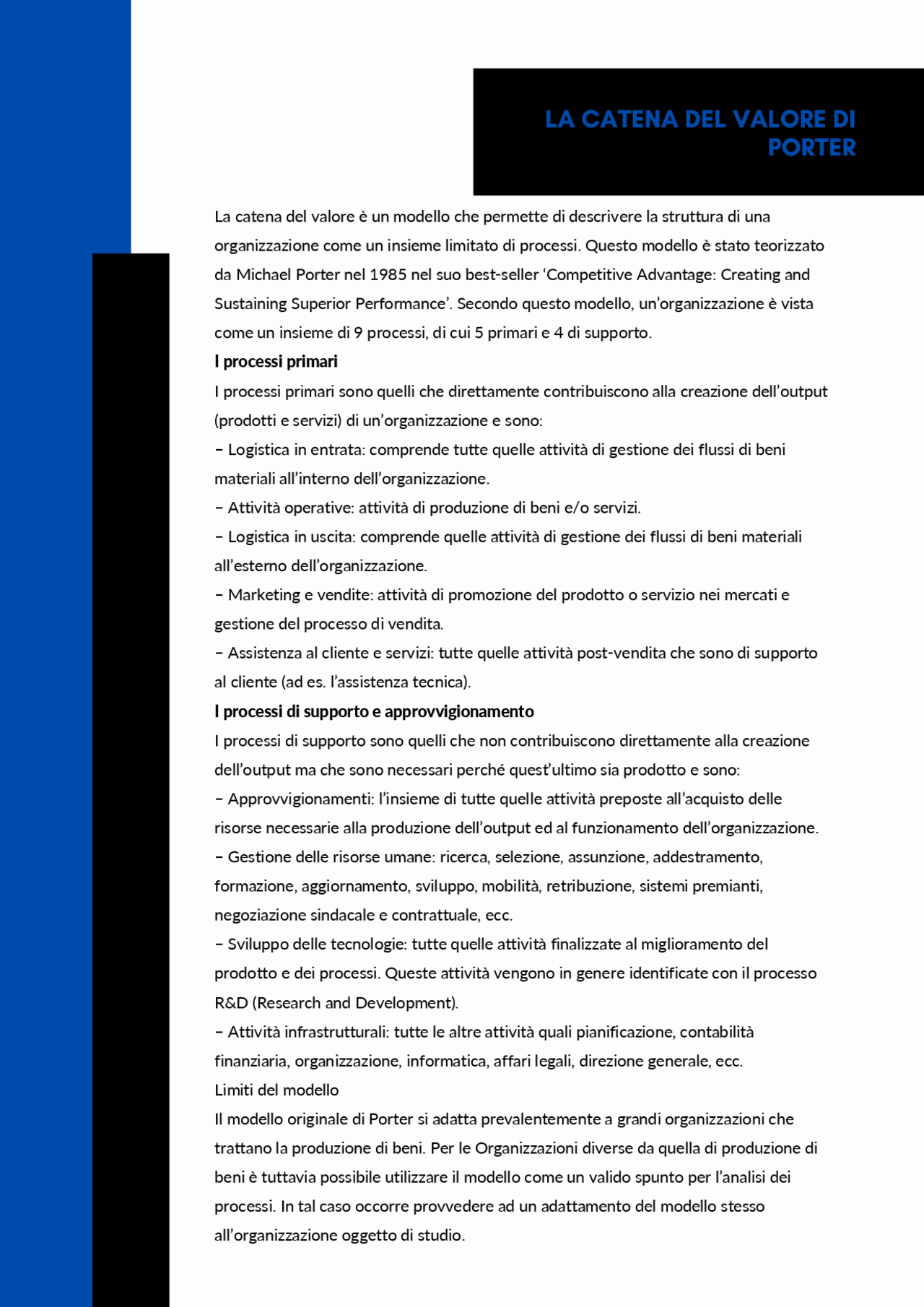 Catena del valore di porter - Docsity