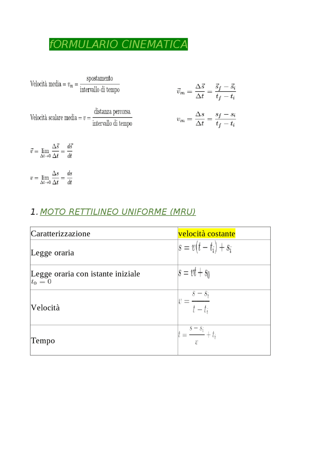 Formulario cinematica - Docsity