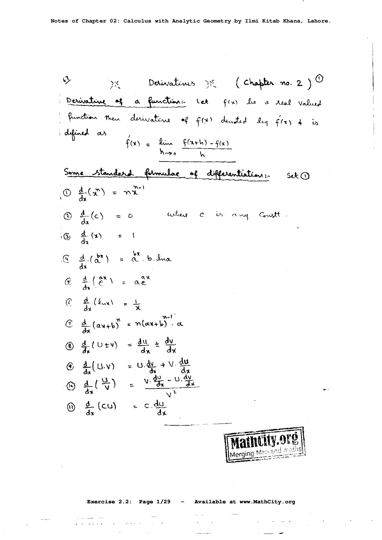 Calculus Chapter 02 Exercise Notes Docsity