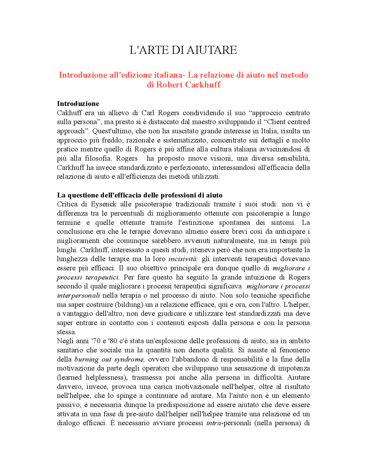 L'arte di aiutare -Robert Carkhuff - Docsity