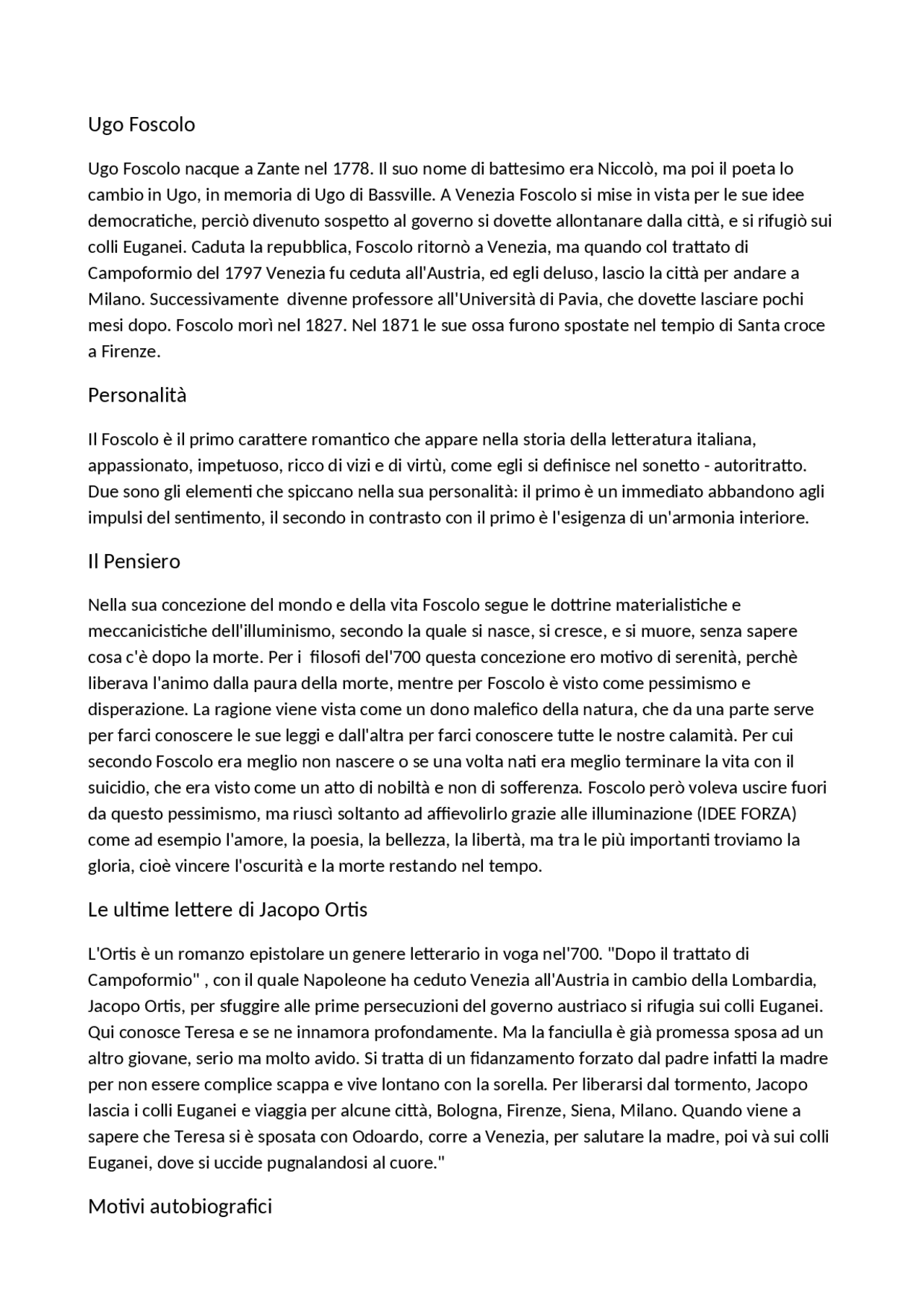 Riassunto Ugo Foscolo Docsity