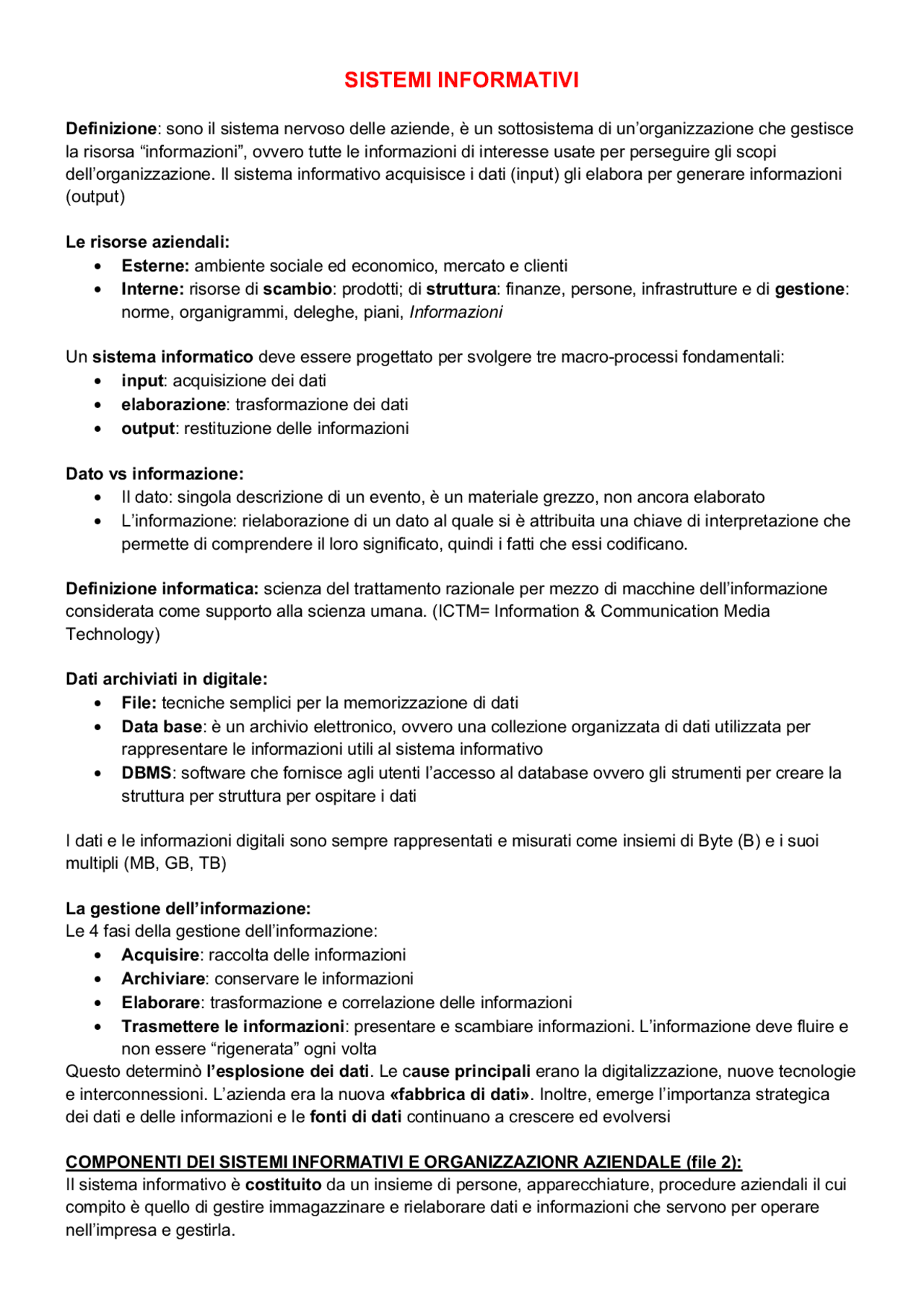 Sistemi Informativi Prof Zanrei Docsity