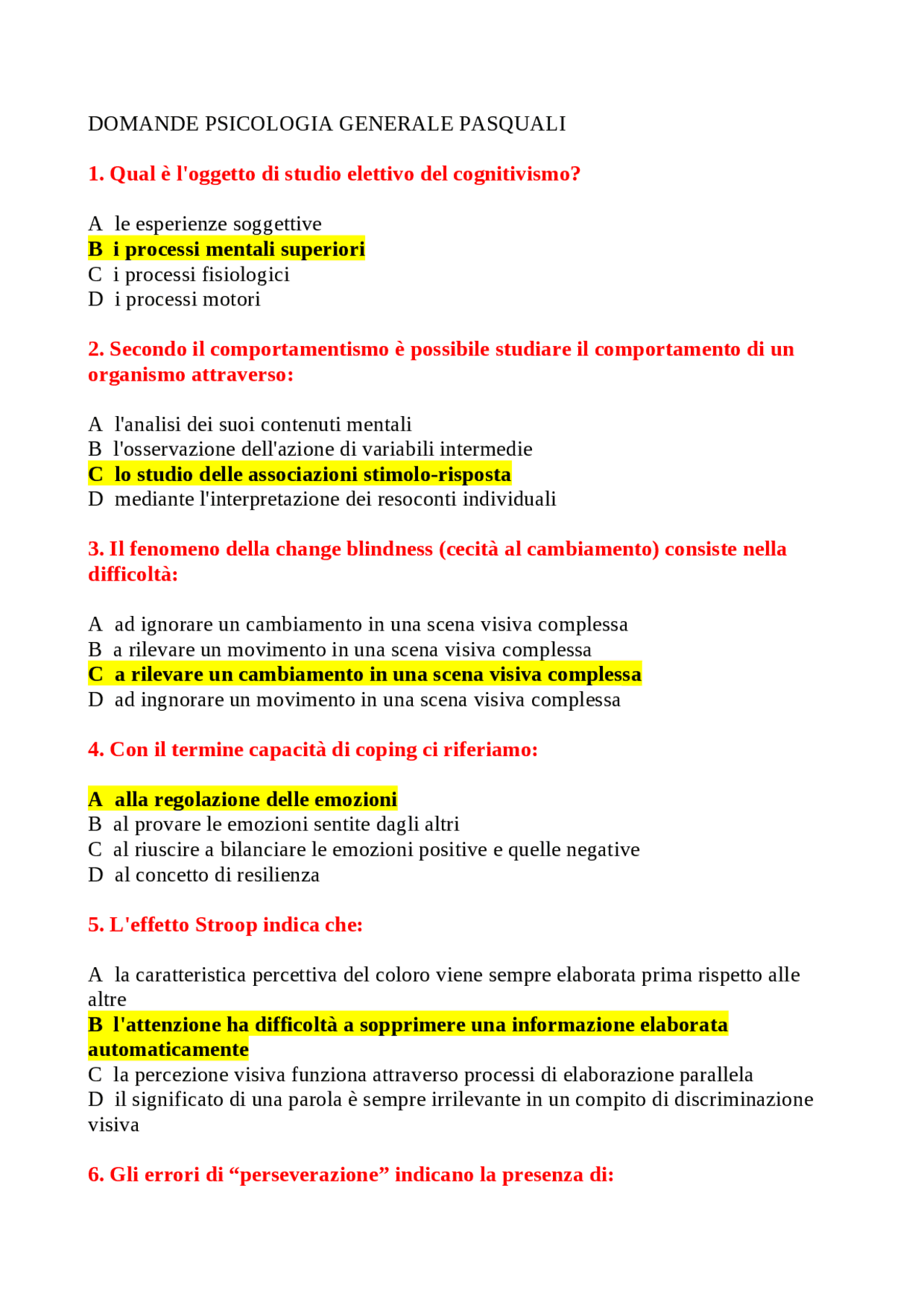 Domande Aggiornate Psicologia Generale Pasquali Docsity