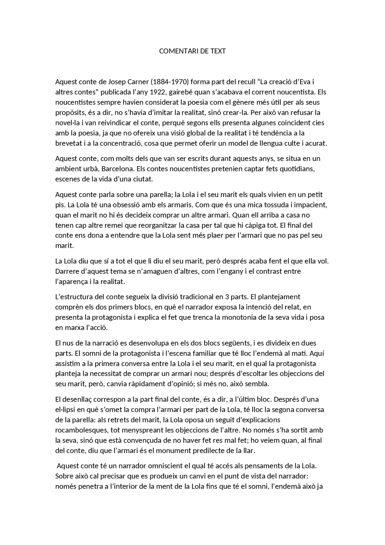 Comentari de text poema "L'armari" - Docsity