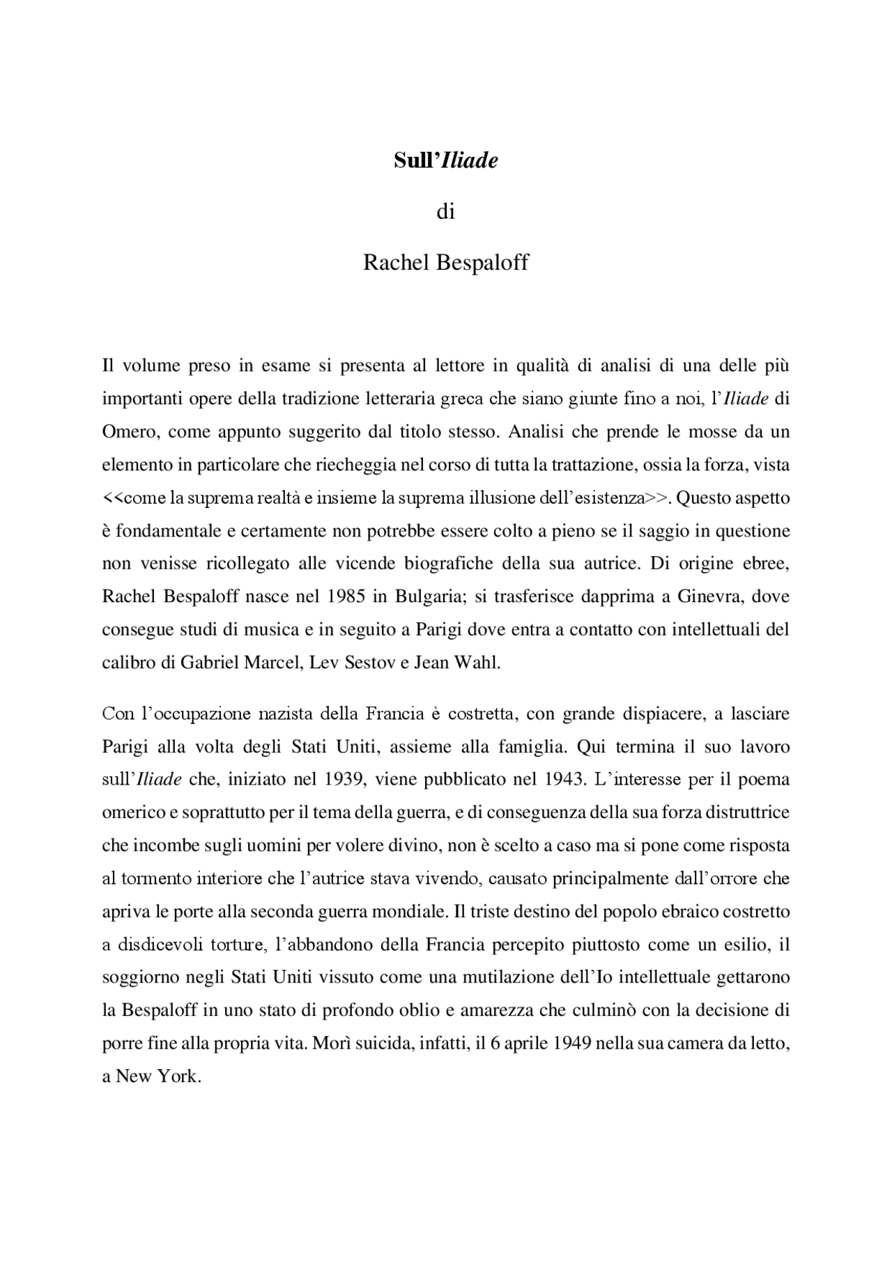 Sulliliade Di Rachel Bespaloff Docsity