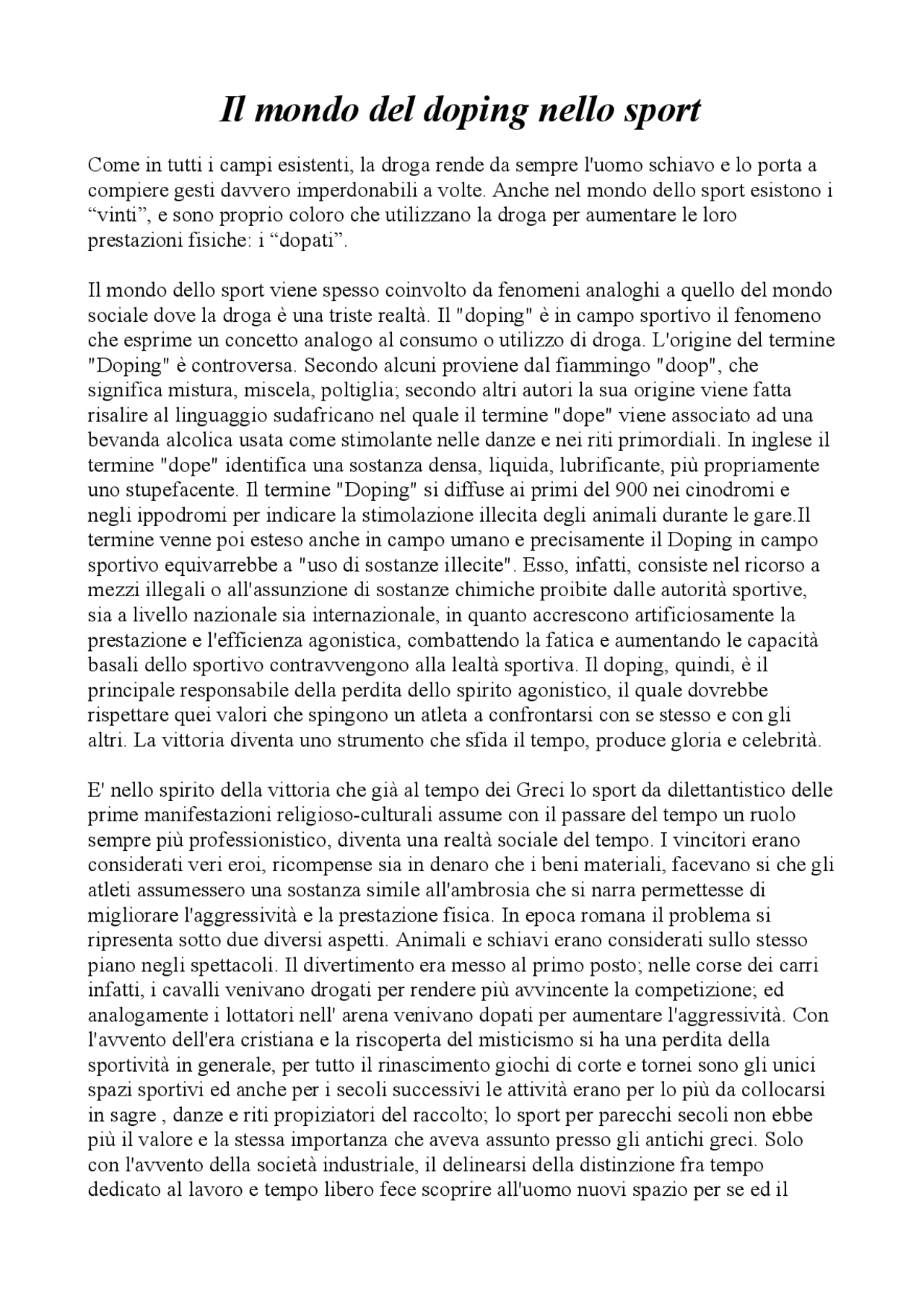 Il fenomeno del doping - Docsity