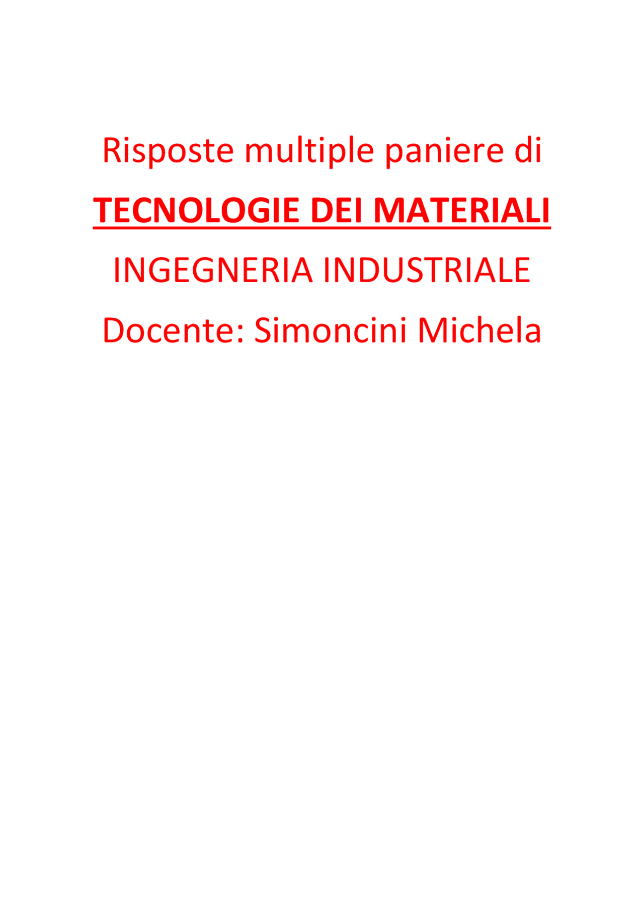 Risposte Multiple Paniere Di Tecnologie Dei Materiali Ecampus