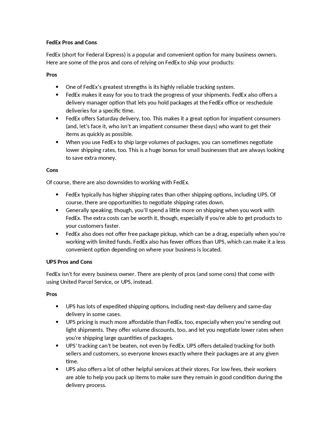 FedEx cons and pros vs UPS cons and pros - Docsity