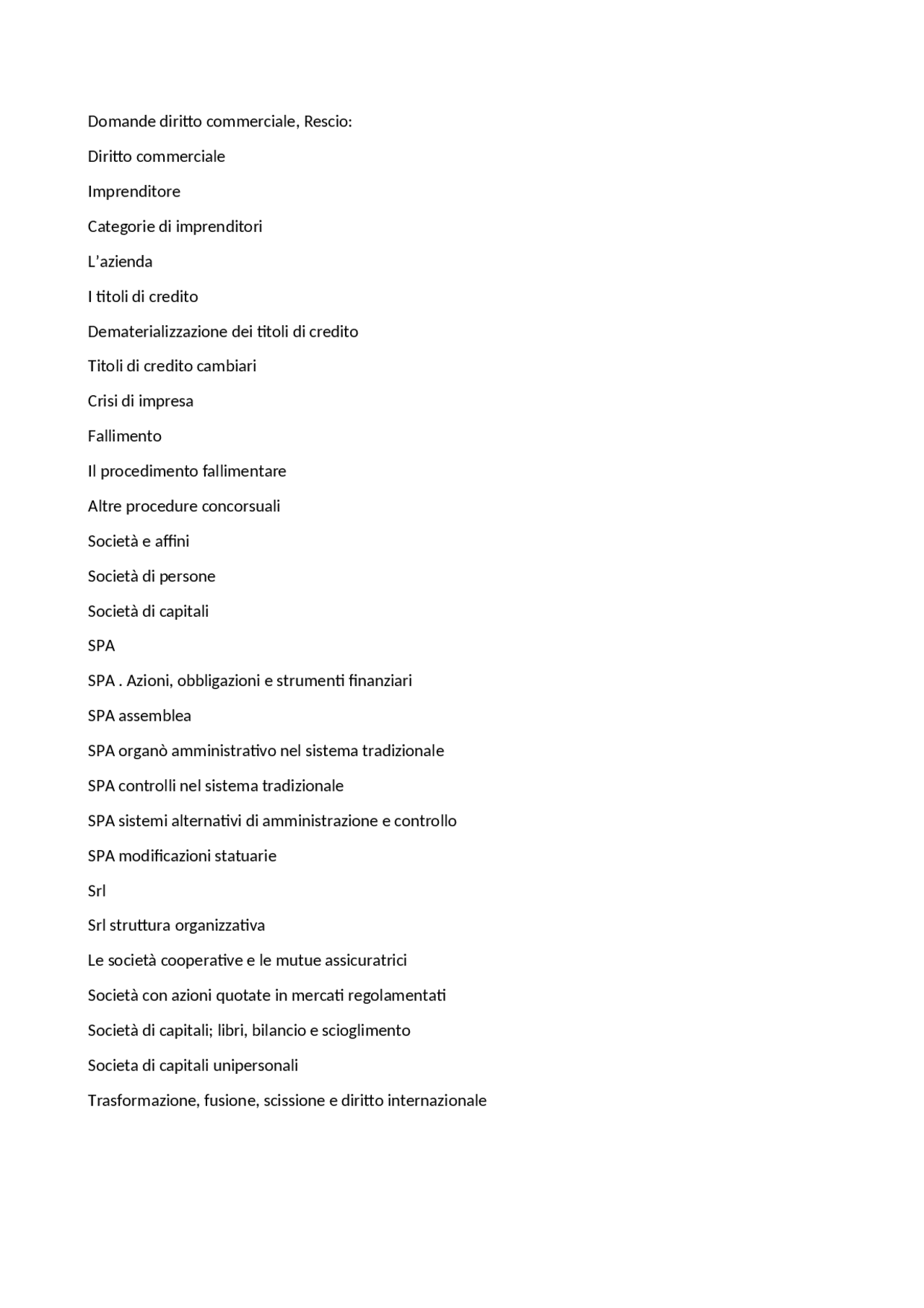 Domande Diritto Commerciale Rescio Docsity
