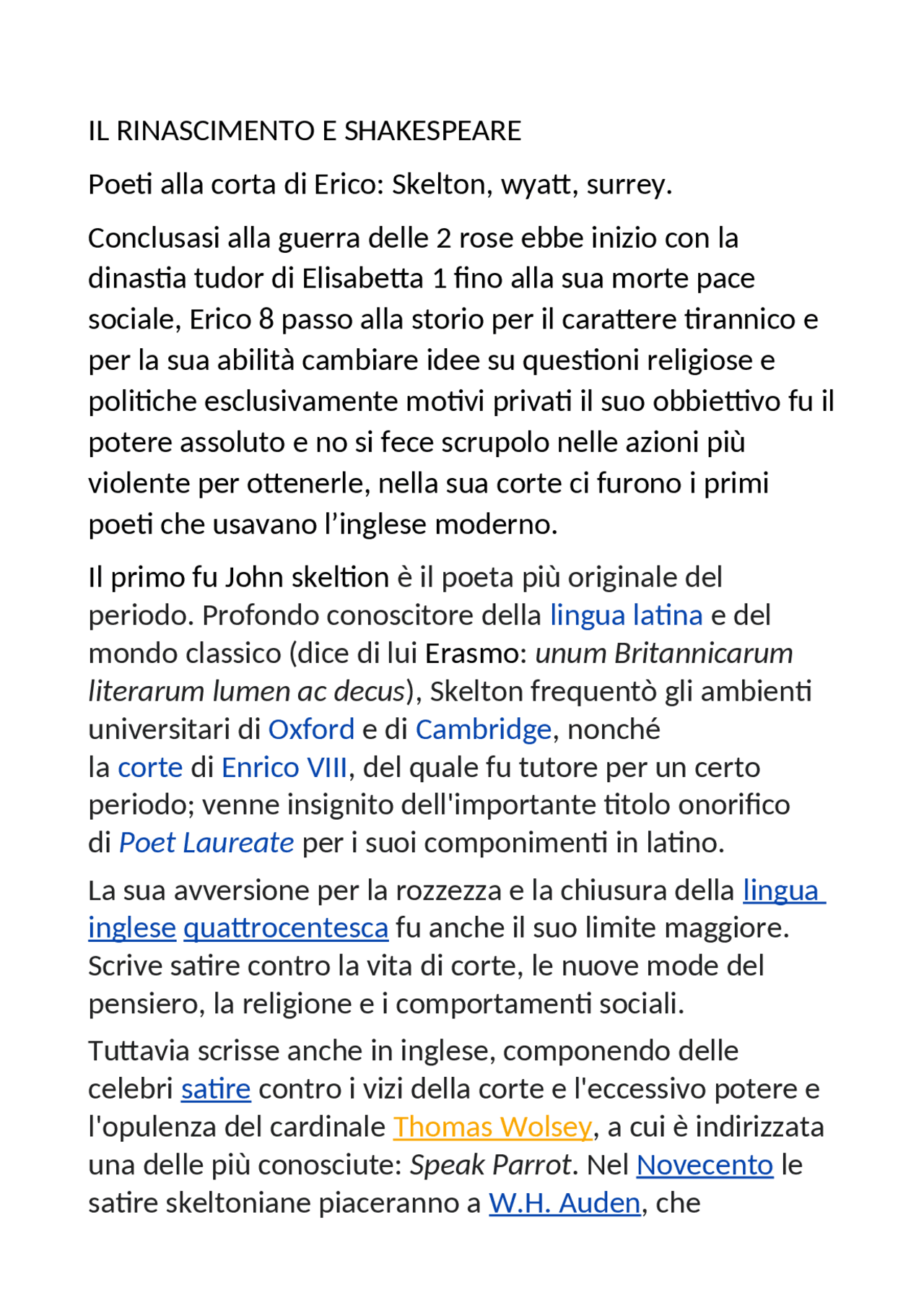 Il Rinascimento E Shakespeare Riassunto Docsity