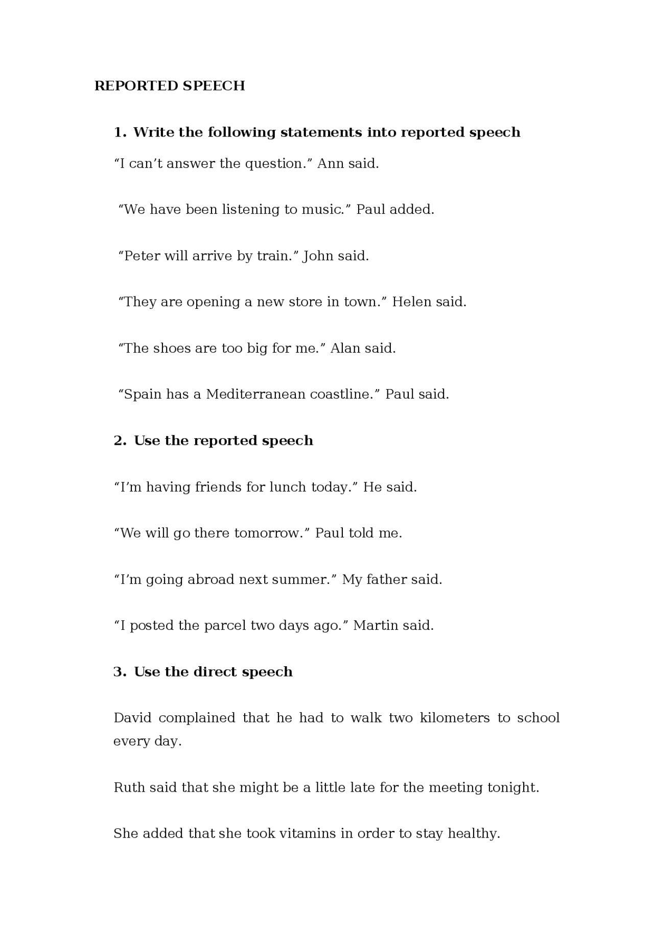 Reported speech exercises - Docsity