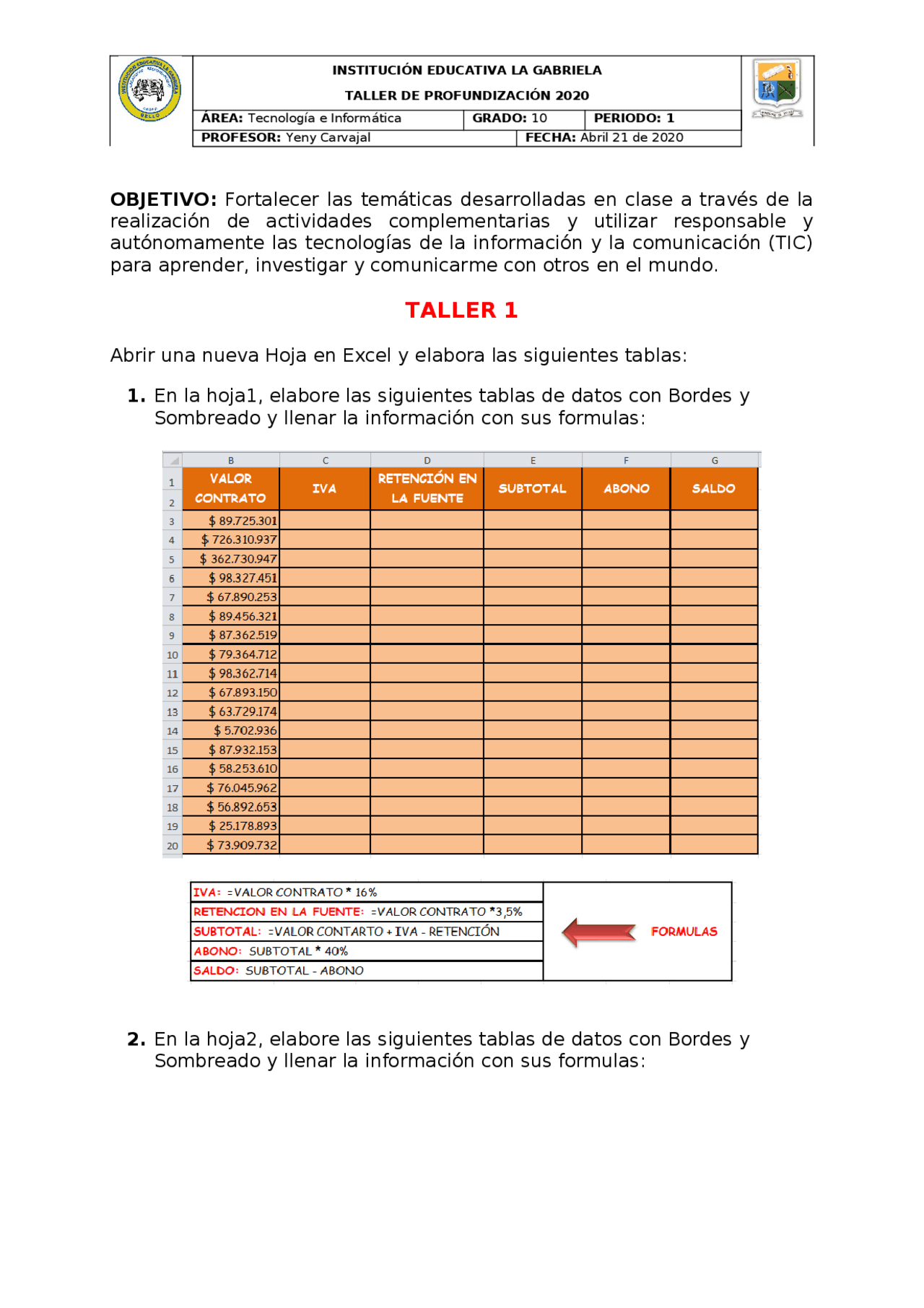 Taller Tecnología Excel Docsity