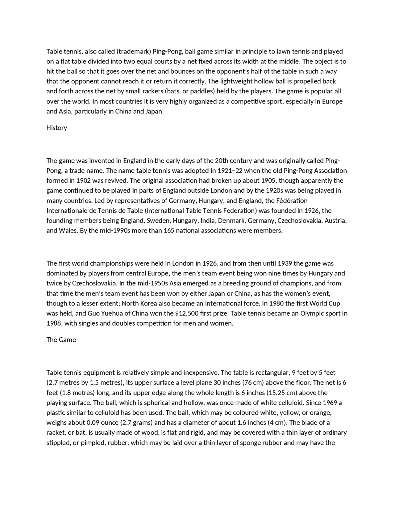 Physical education table tennis - Docsity