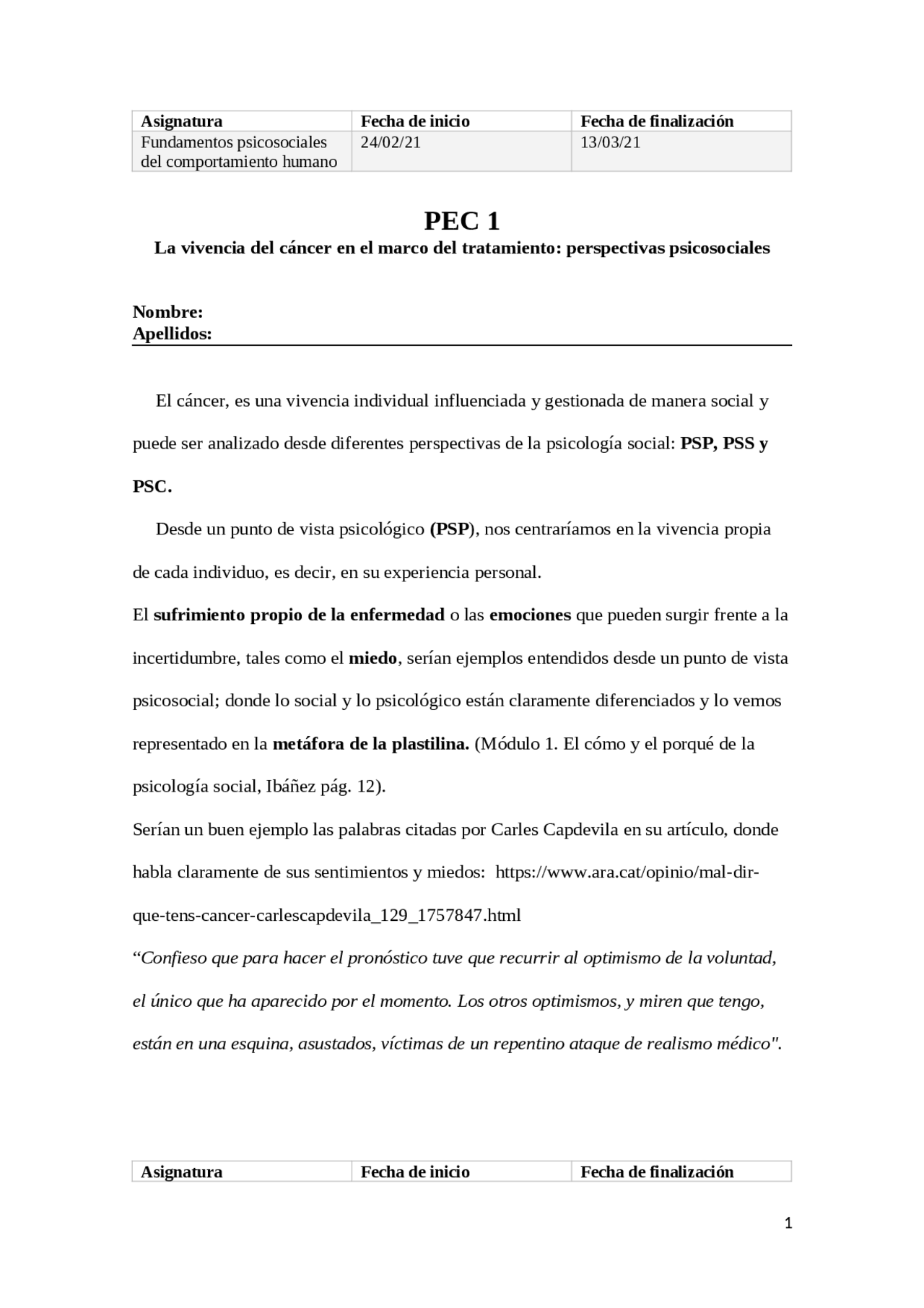 PEC1 FUNDAMENTOS PSICOSOCIALES DEL COMPORTAMIENTO HUMANO | Esercizi di Psicologia Generale | Docsity